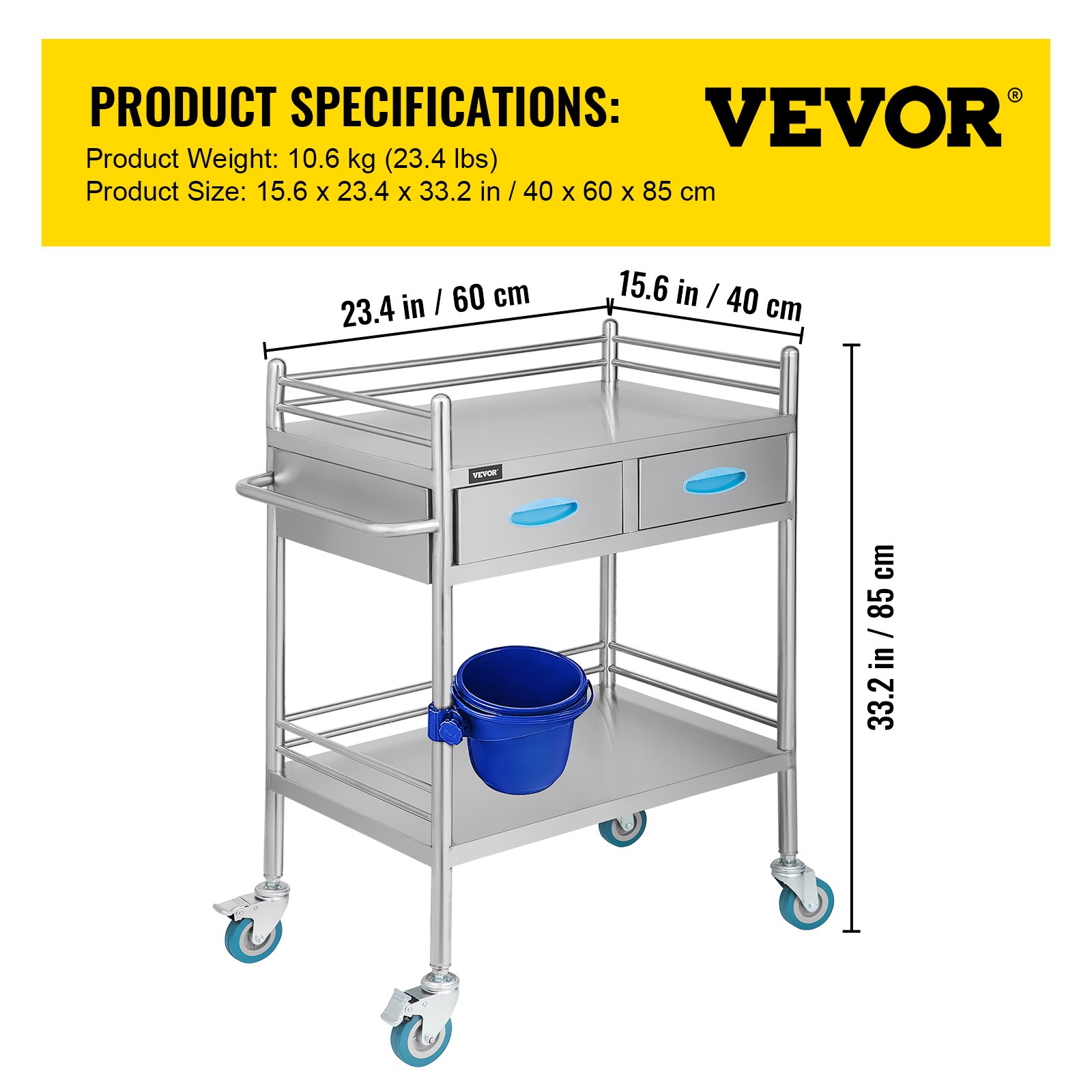 VEVOR 2 Böden mit 2 Schubladen Servierwagen Edelstahl Serving Lab ...