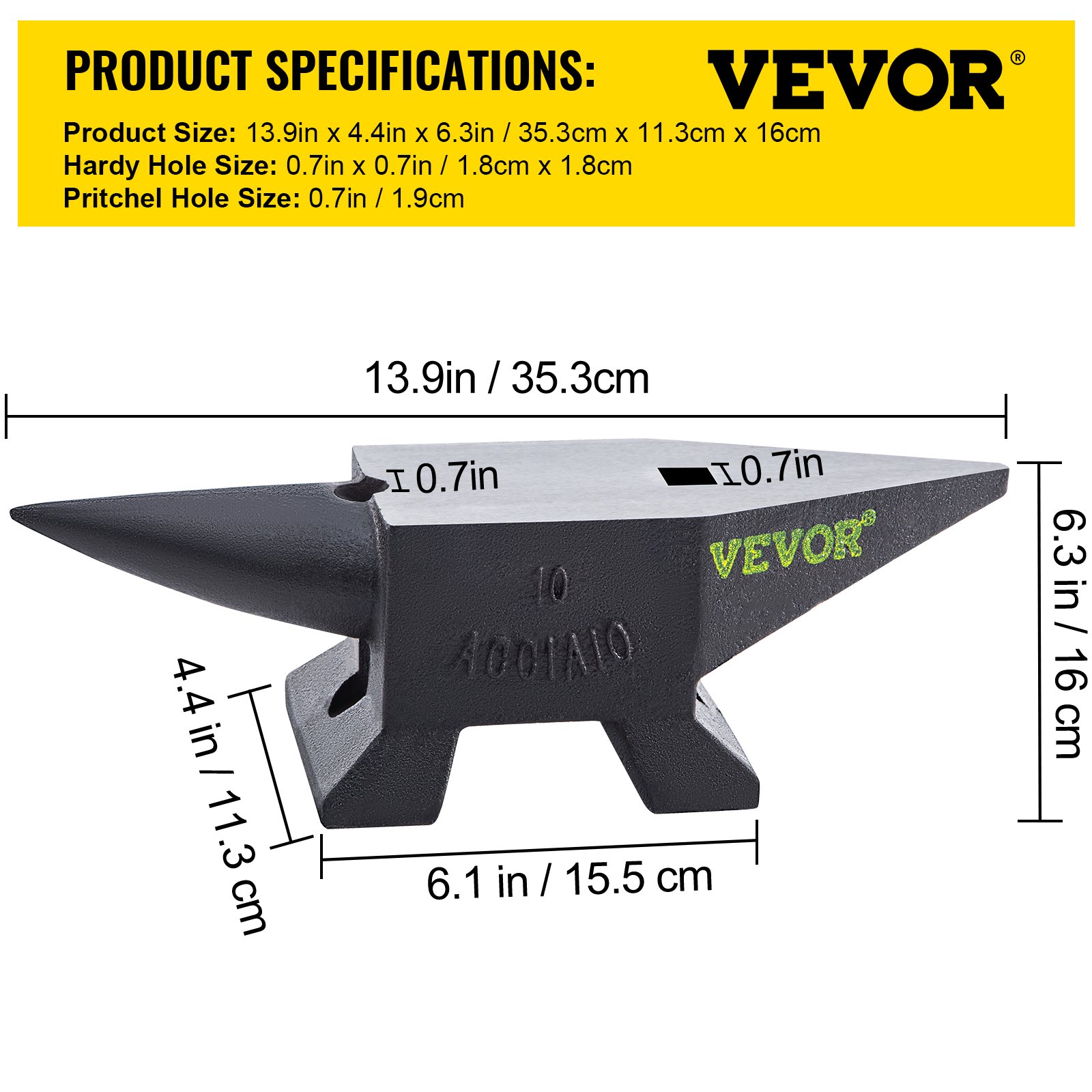 VEVOR VEVOR Yunque de Acero 10kg Yunque de Cuerno con 2 Agujeros ...