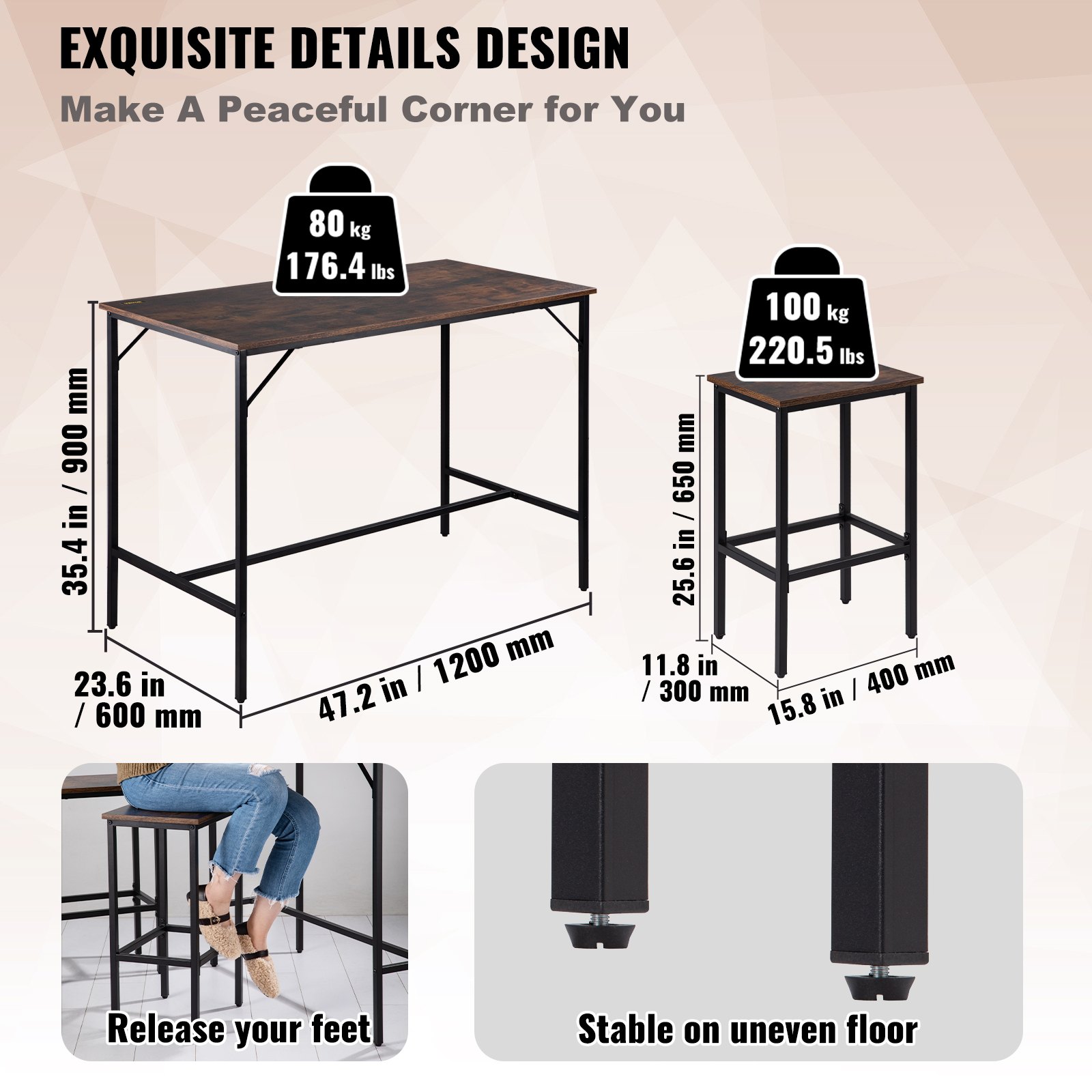 VEVOR Ensemble table et chaises de bar de 119,4 cm avec 2 tabourets de ...