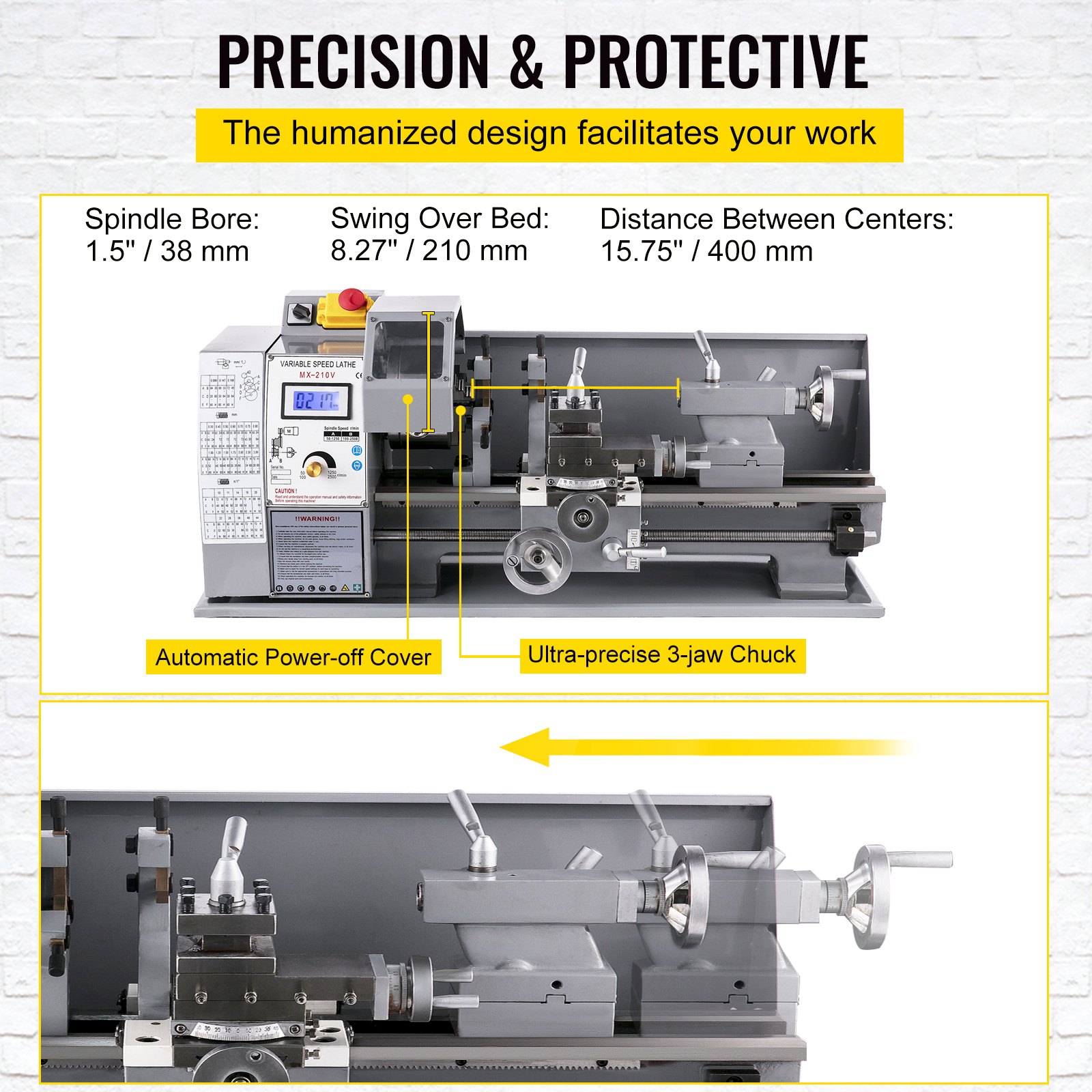 VEVOR VEVOR Mini Tornio in Metallo, 8x16 Pollici 50-2500PRM 750W DC ...