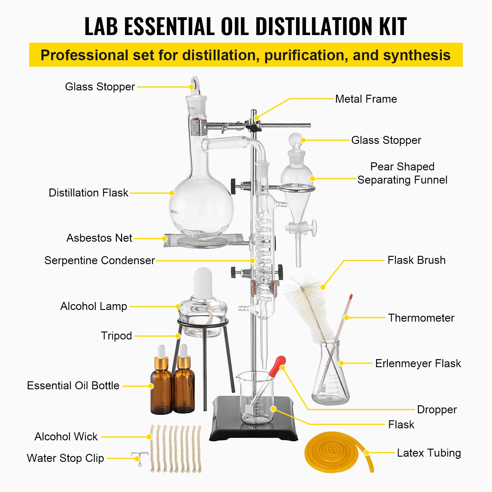 VEVOR VEVOR Professional Laboratory Distillation Glass Kit 25 Pezzi ...
