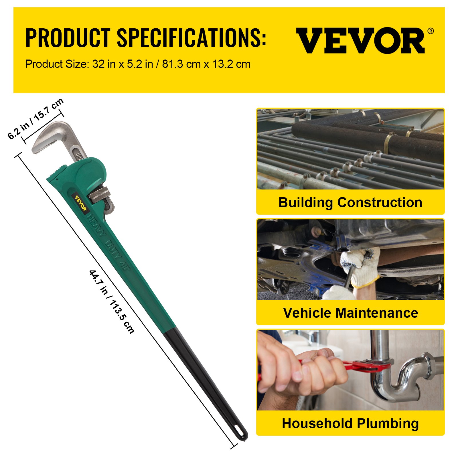 VEVOR Llave para Tuberías de Acero 48" Herramienta para Plomeros ...