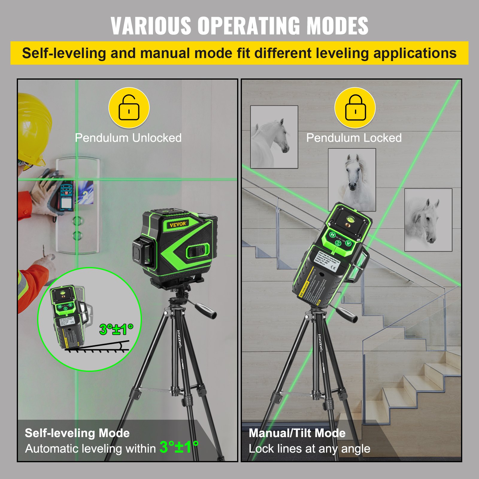 VEVOR Laserniveaukit 12 Groen lijnen 3 x 360° Zelfnivellerende Kruislijn | VEVOR NL