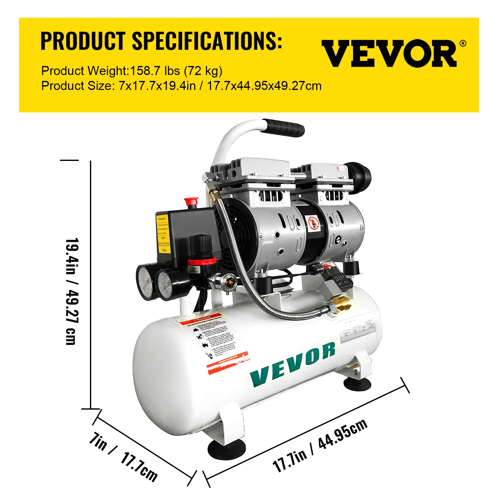 VEVOR Luchtcompressor Olievrije Pomp Draagbaar 550W Olievrije Stille ...