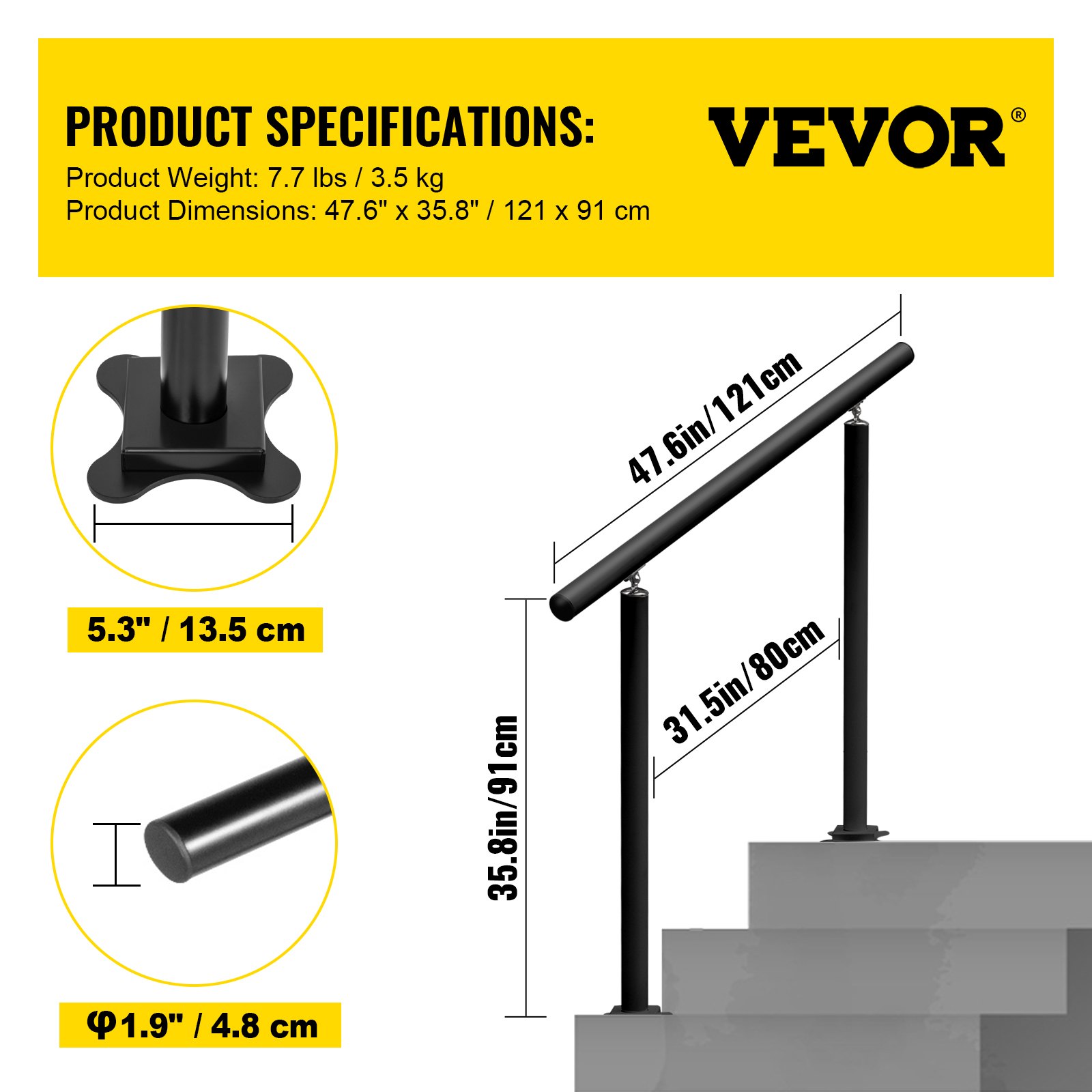 VEVOR Trapleuning Leuningen voor Trappen Lengte 121,9 cm, Aluminium ...