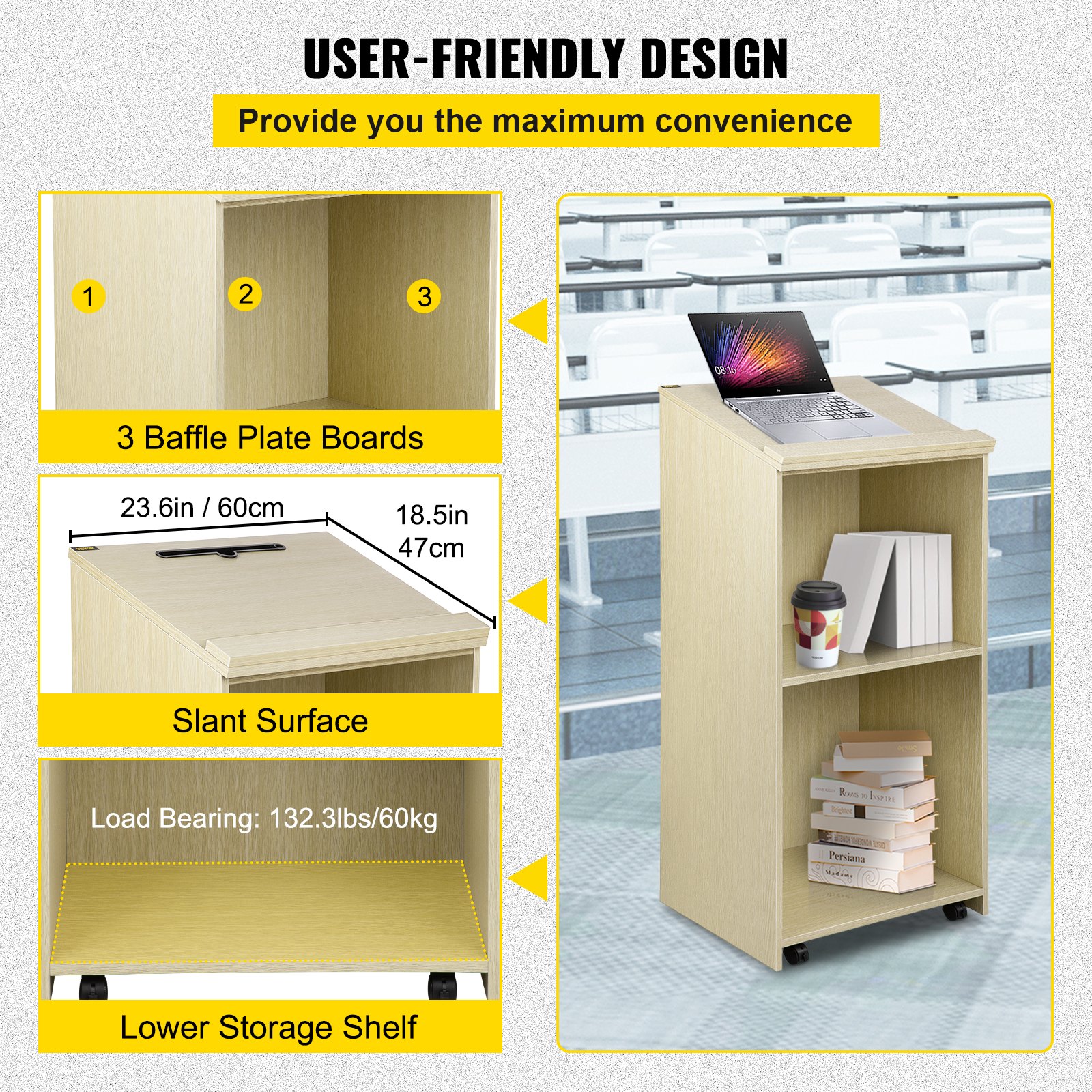 VEVOR Lessenaar Sta Bureau Mobiel Bureau 60 x 40 x 120 cm met 4 Wielen ...
