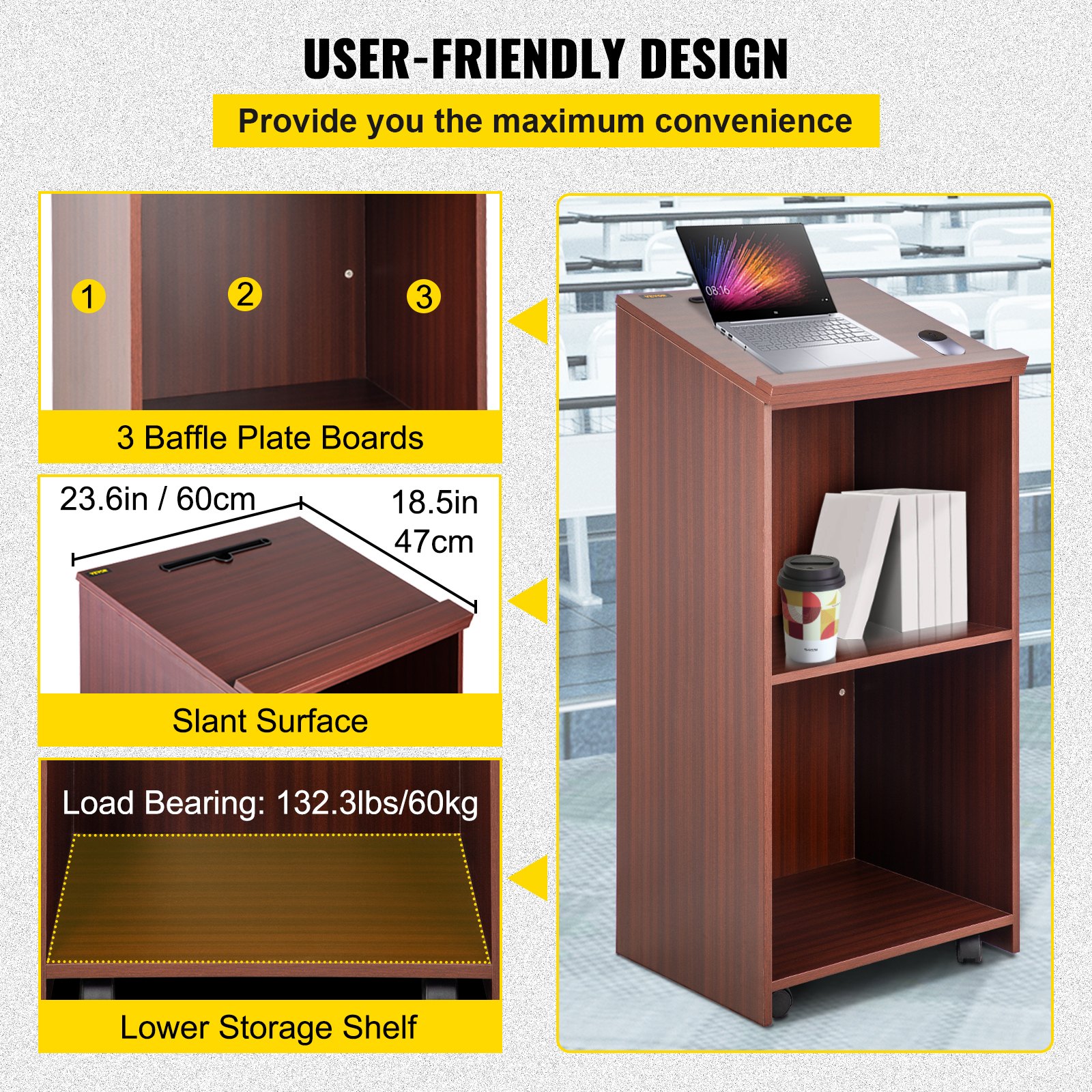 VEVOR Lessenaar Sta Bureau Mobiel Bureau 60 x 40 x 120 cm met 4 Wielen ...