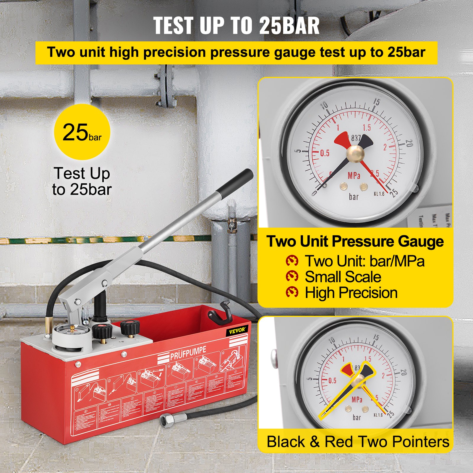 VEVOR Hydrostatische Druktest Pomp, Test tot 25 Bar/2,5 MPa, Tank van 3 ...