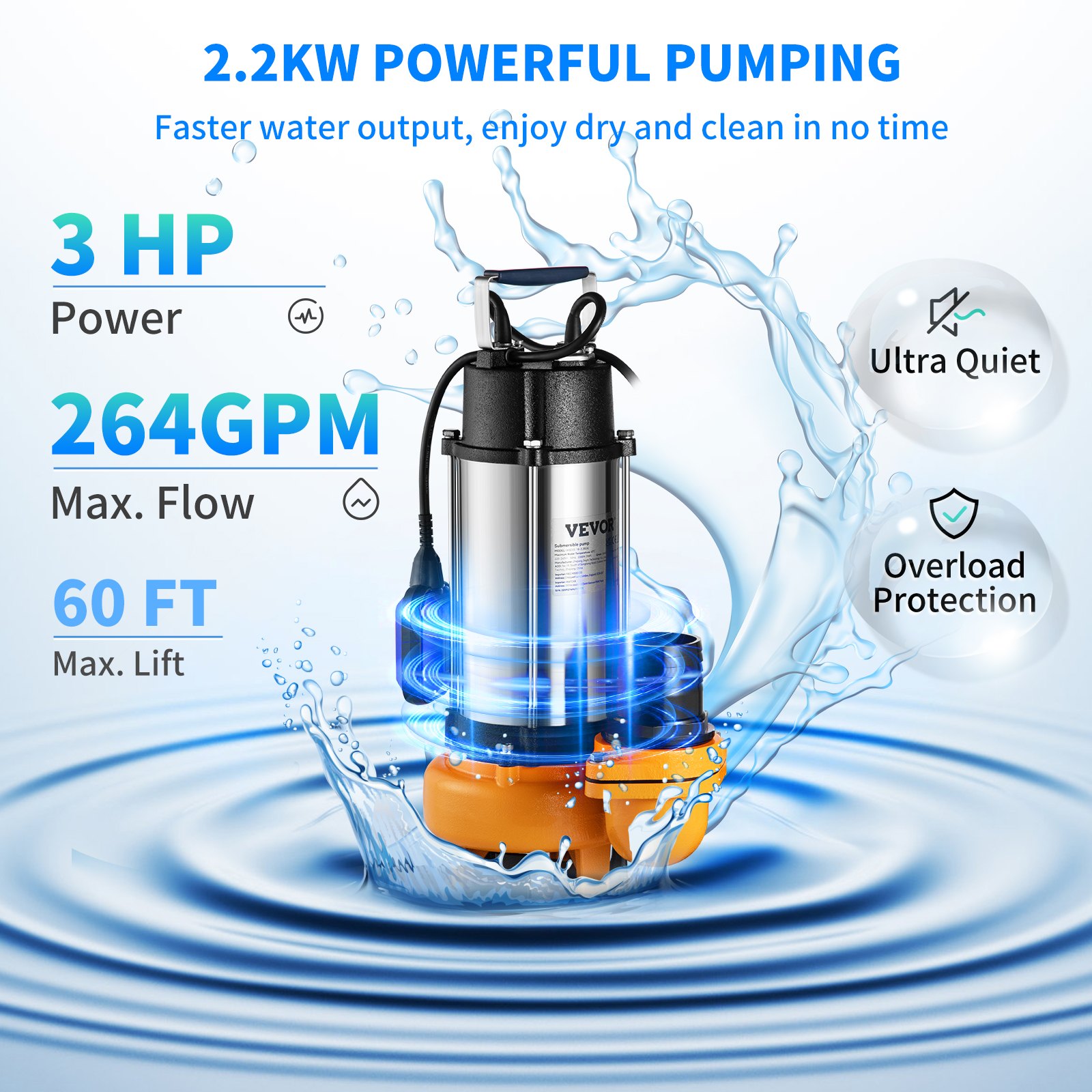 VEVOR dompelpomp vuilwaterpomp 6000L/h incl. vlotterschakelaar 2200W ...