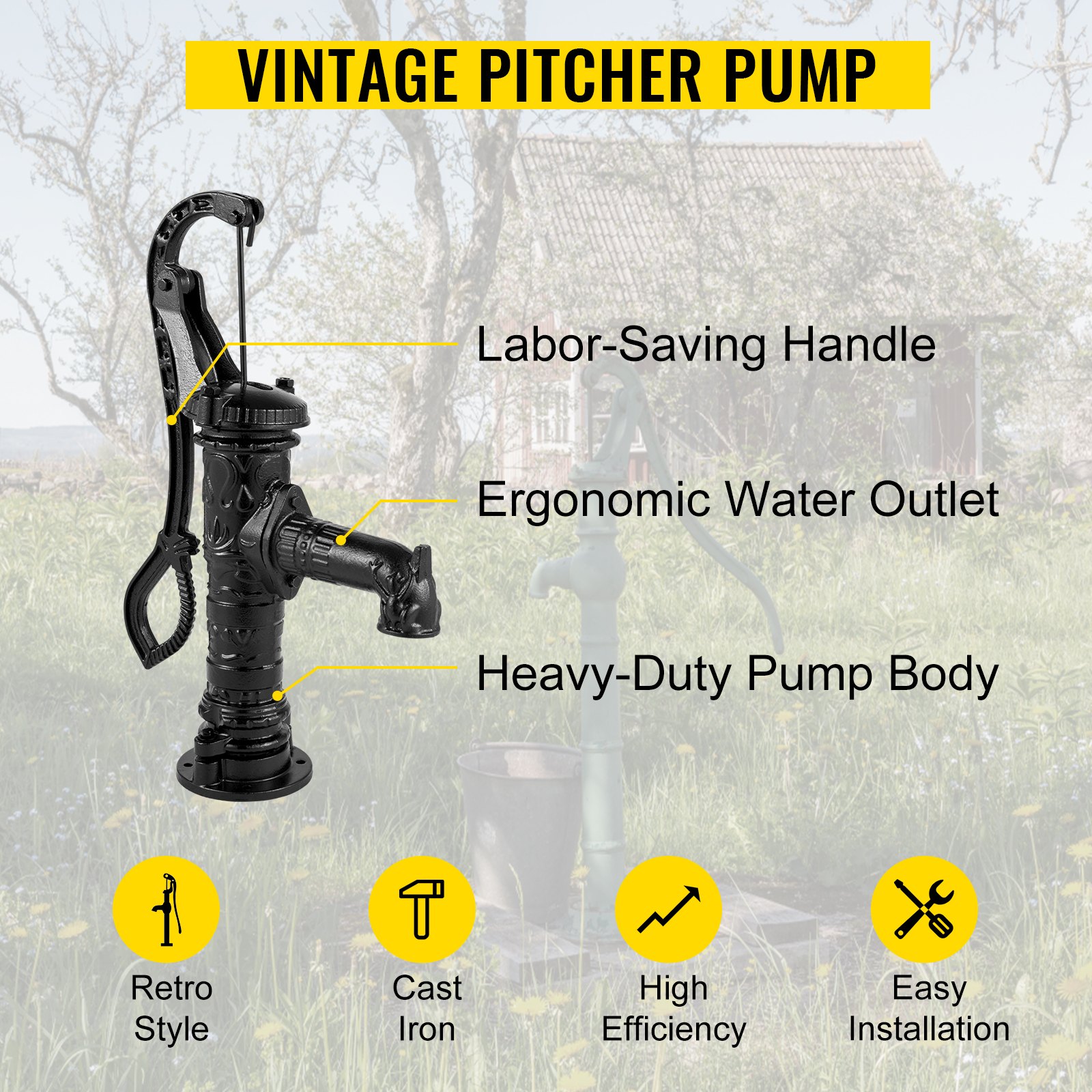 VEVOR Waterpomp Handpomp 40x15x68cm Gietijzer Tuinpomp Lengte ...