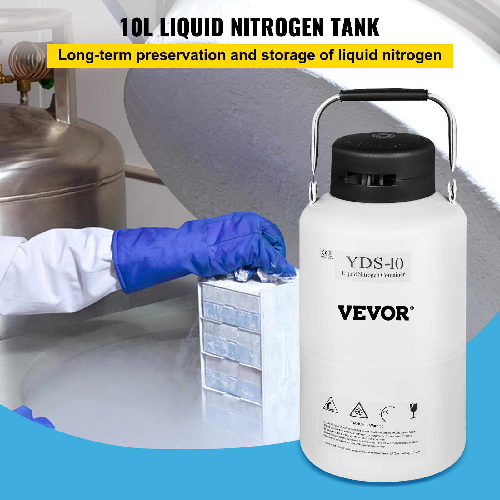 VEVOR 10L Liquid Nitrogen Container Aluminum Alloy Liquid Nitrogen Tank Static Cryogenic ...
