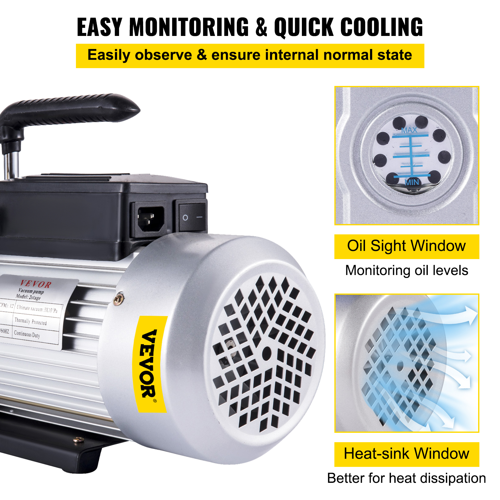 Vacuum Pump Double Stage 12CFM 340 L/min Inlet port 1/4" and 3/8" SAE ...