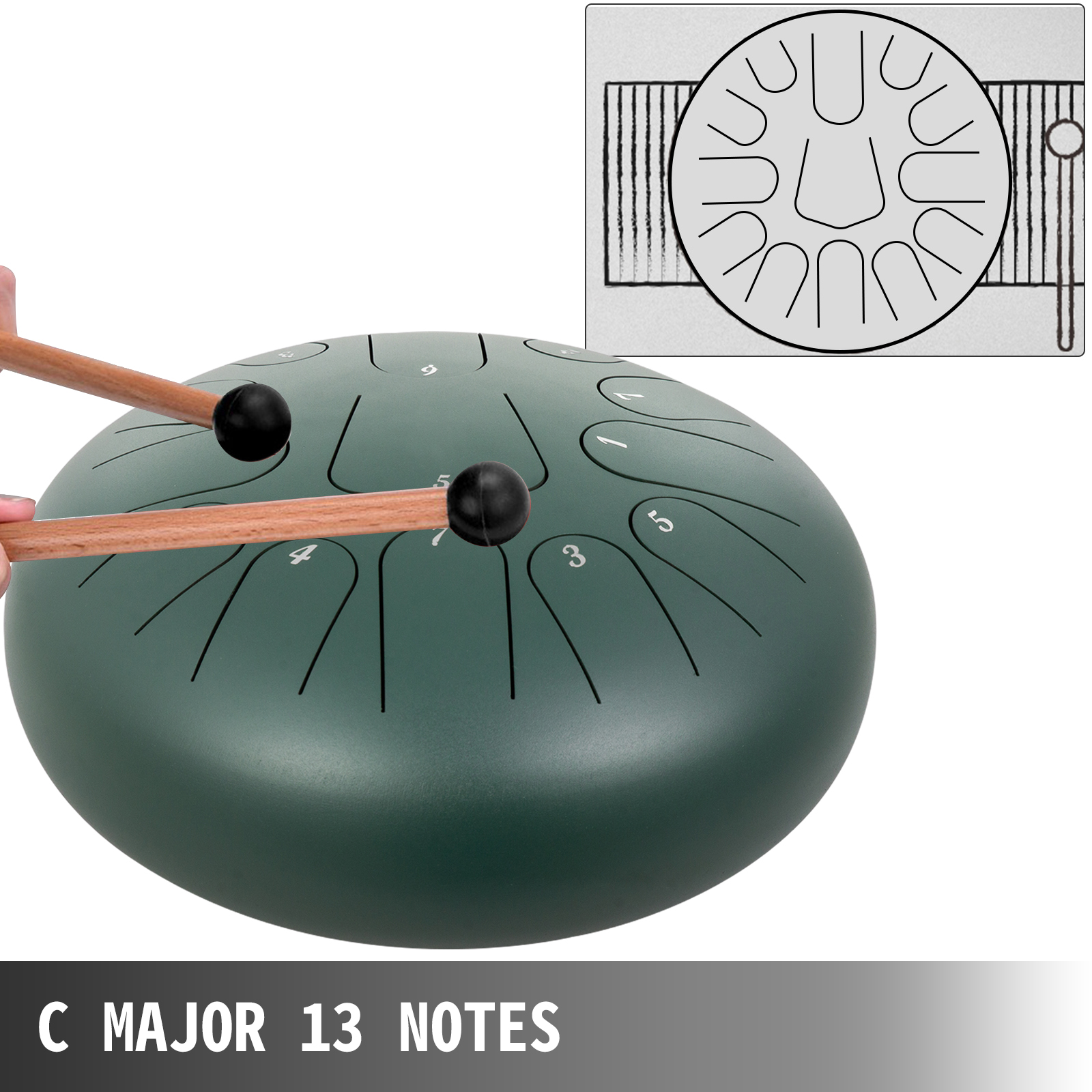 12'' 13 Notes Steel Tongue Drum Pan Drum Handpan Green Music Book Hand ...
