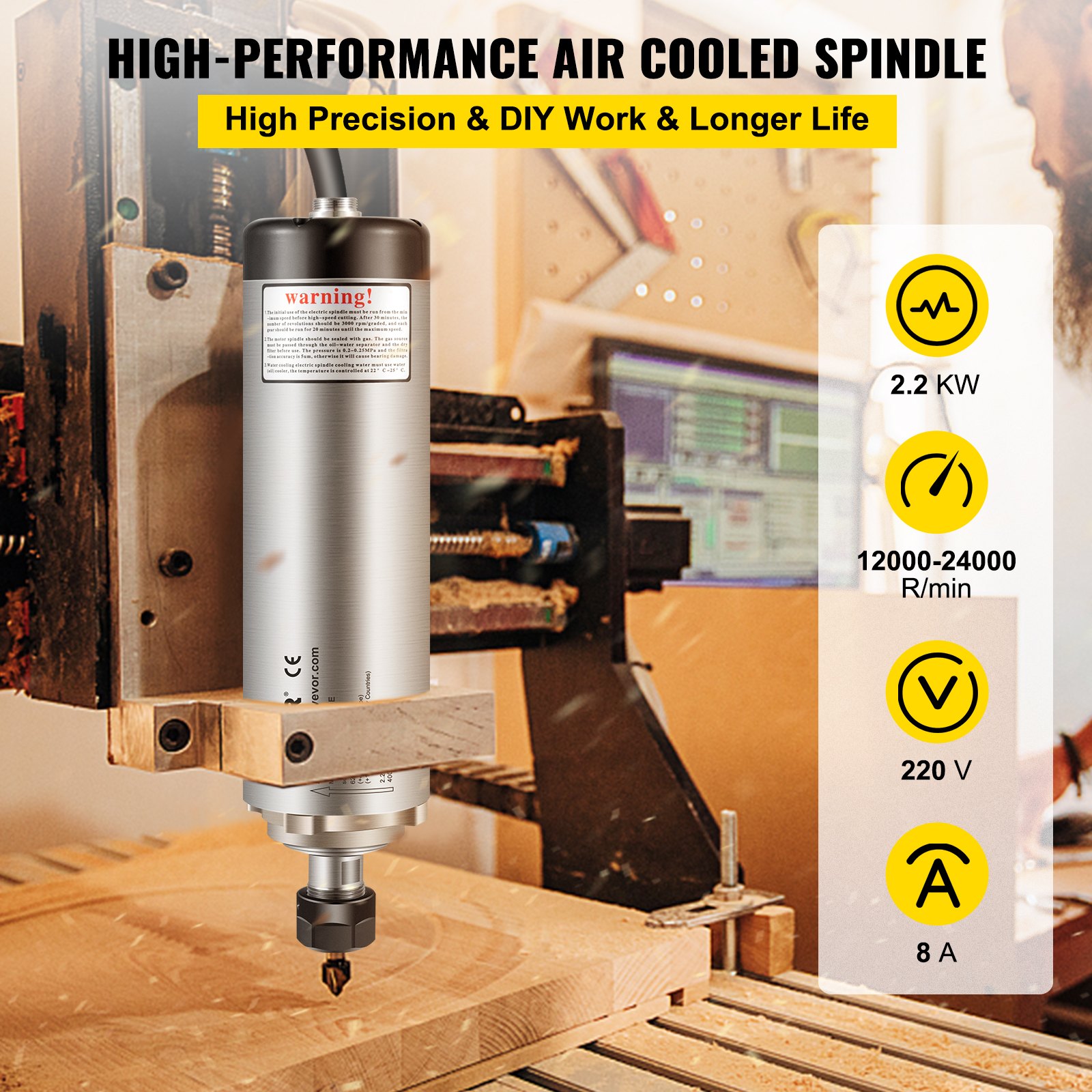 VEVOR CNC Spindle Motor 2.2KW Air Cooled Spindle Motor W/ 4 Bearings ...