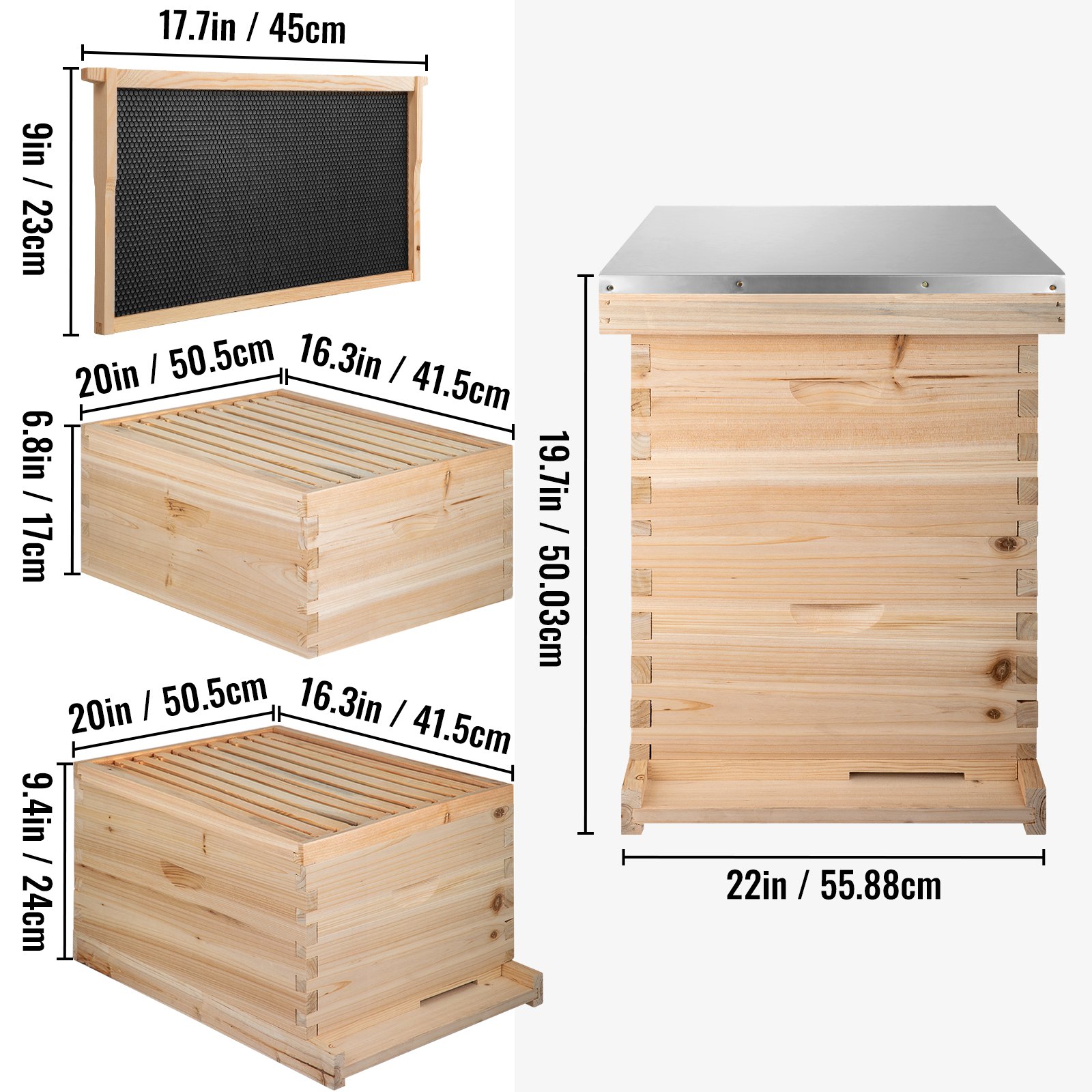 VEVOR Beehive Complete Box Kit 20 Frame(10 Deep-10 Medium) Langstroth ...