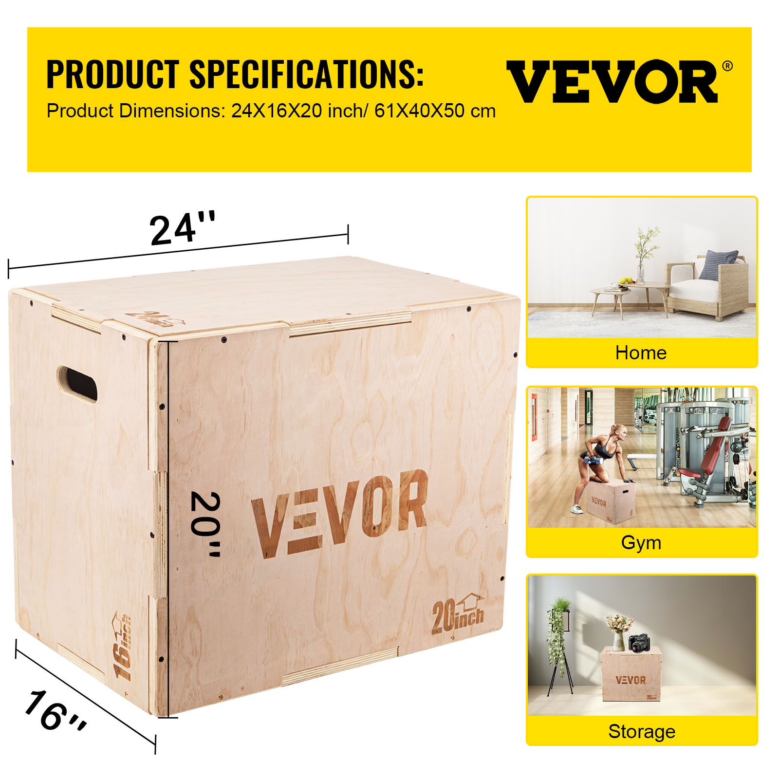 VEVOR 3 in 1 Wood Plyo Box, 24 x 20 x 16 Plyometric Jump Box,Easy-to ...