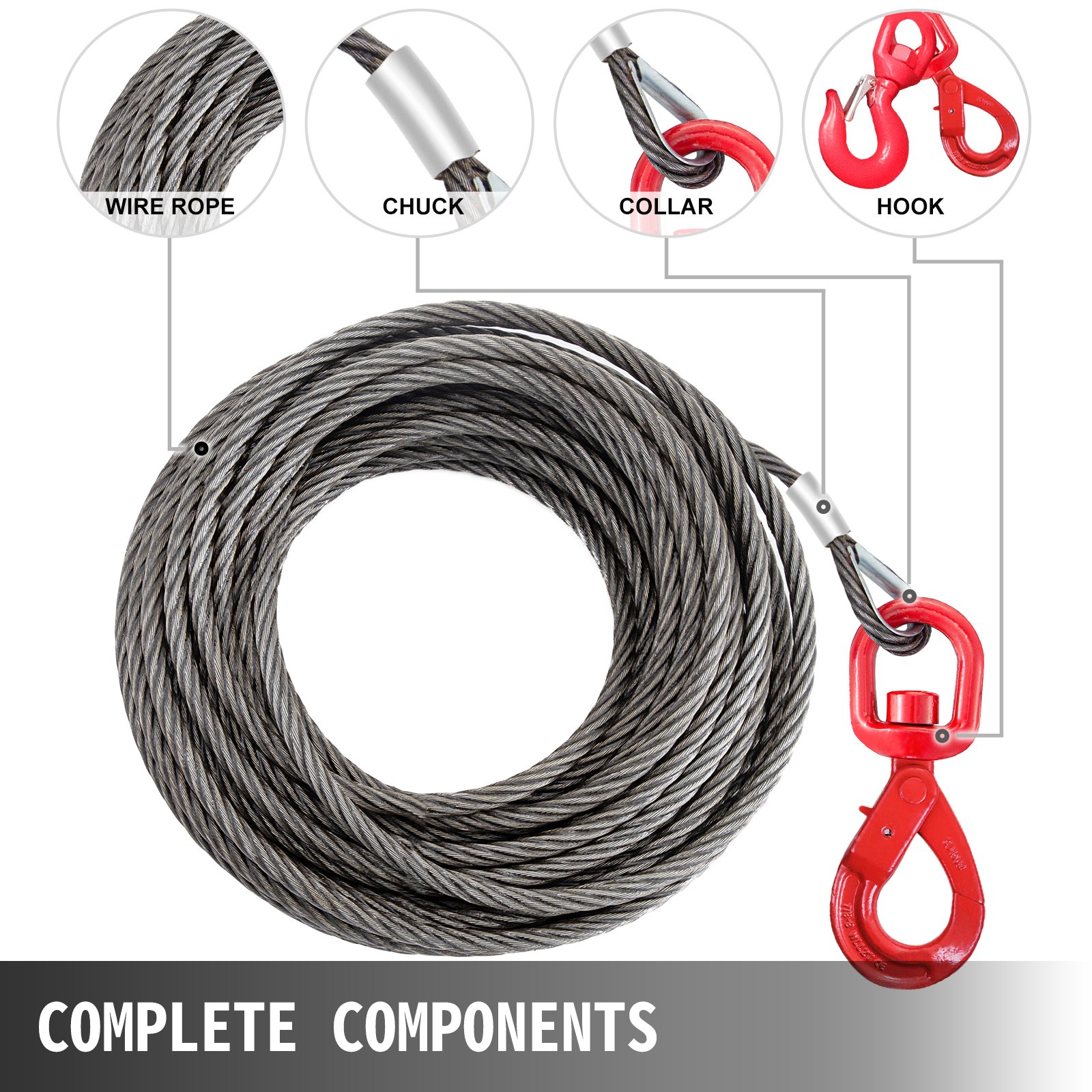 VEVOR Galvanized Steel Winch Cable, 3/8" x 75' - Wire Rope with Hook ...