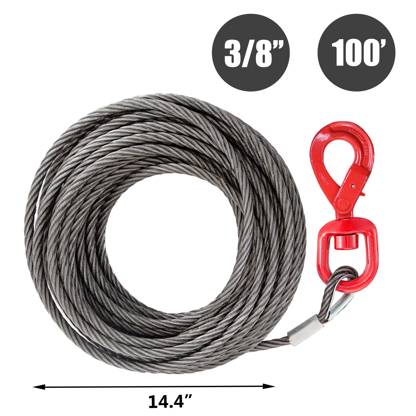 VEVOR Galvanized Steel Winch Cable, 3/8" x 100' - Wire Rope with Hook ...