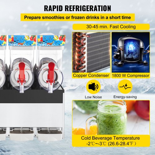 VEVOR Commercial Slushy Machine, 15L x 3 Tank Frozen Drink Machine, 110V, 1800W Stainless Steel ...