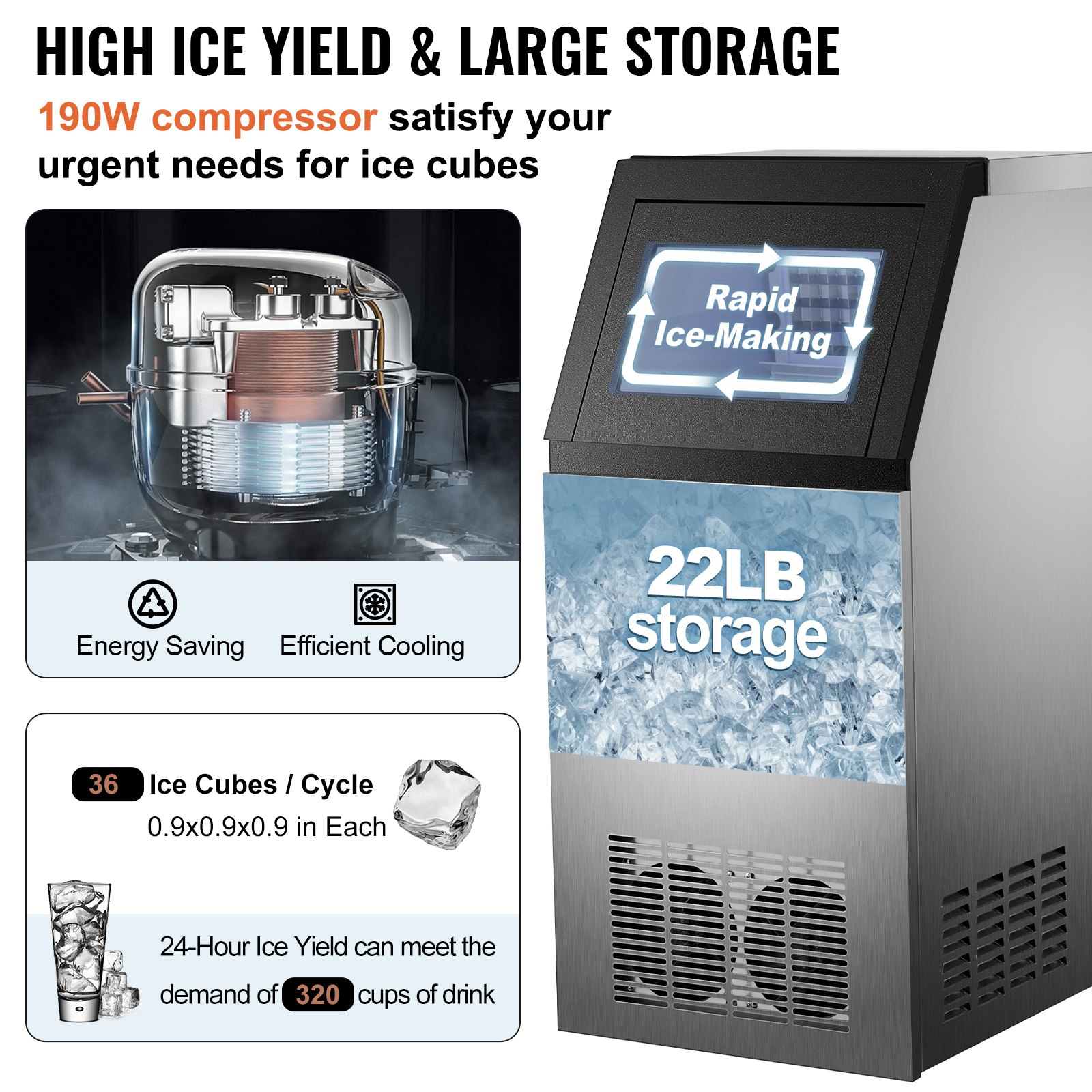 New Commercial Ice Maker Auto Clear Cube Ice Making Machine 40kg/90lbs ...