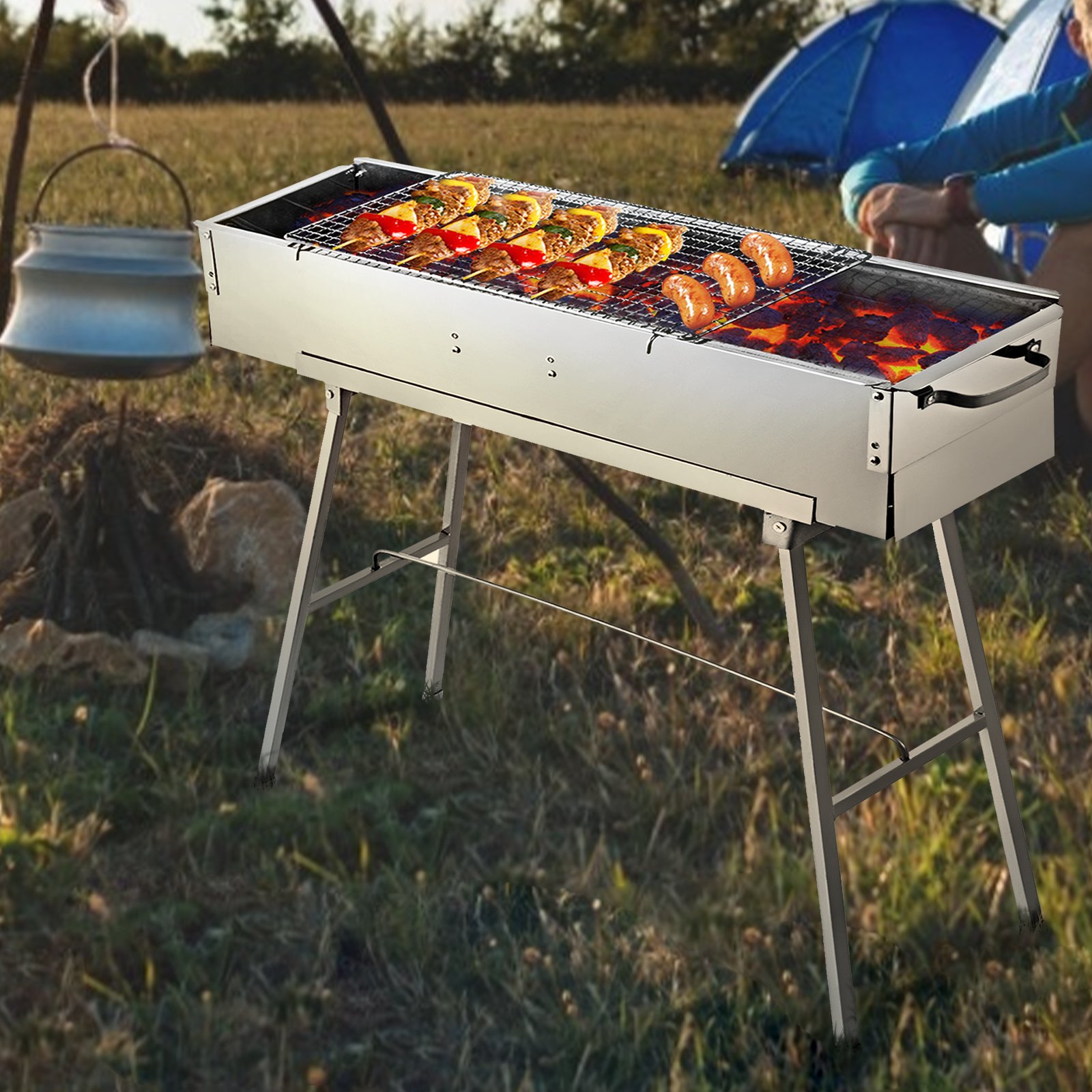 VEVOR VEVOR Folded Portable Charcoal BBQ Grill,34x8 inches Outdoor Barbecue Camping Grill ...