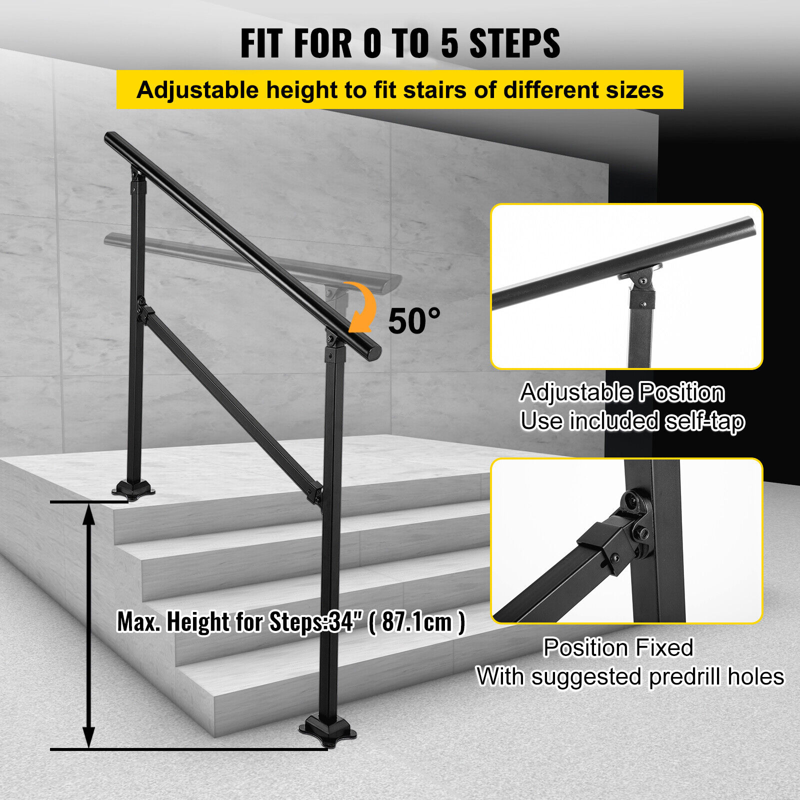 Vevor Iron Handrail Stair Railing Hand Rail Kit Fit For 1-4 Steps ...