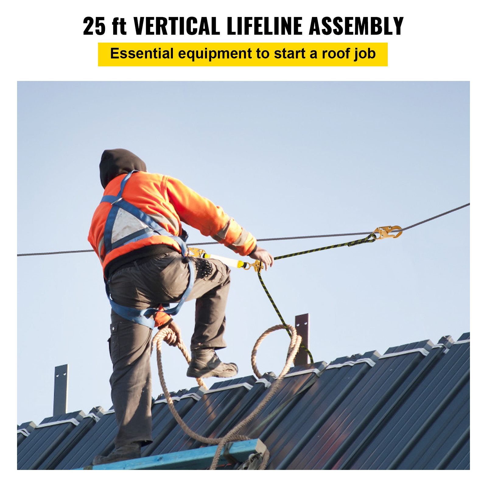 VEVOR Vertical Lifeline Assembly, 25 ft Fall Protection Rope, Polyester ...