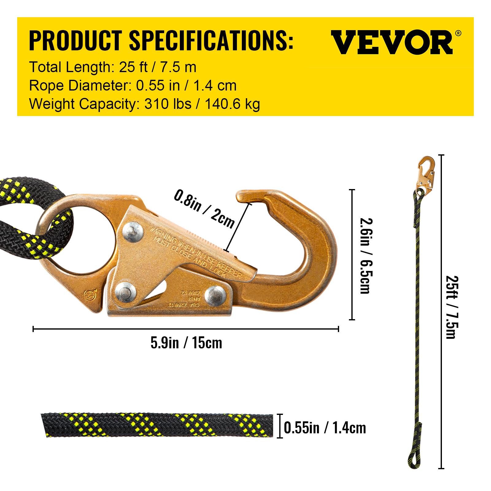 VEVOR Vertical Lifeline Assembly, 25 ft Fall Protection Rope, Polyester ...