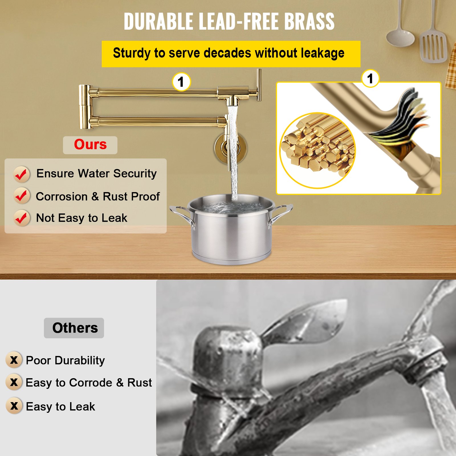 VEVOR Pot Filler Faucet, Solid Brass Commercial Wall Mount Kitchen ...