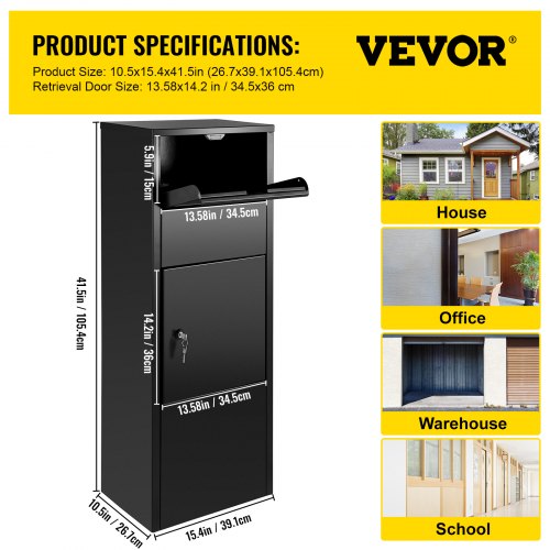 VEVOR Parcel Drop Box Lockable Freestanding Mailbox 10.5x15.4x41.5 in ...