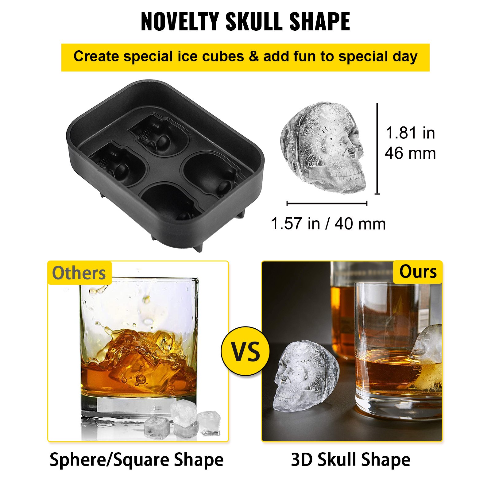 VEVOR Skull Ice Cube Tray, 4-Grid Skull Ice Ball Maker, Flexible Black ...