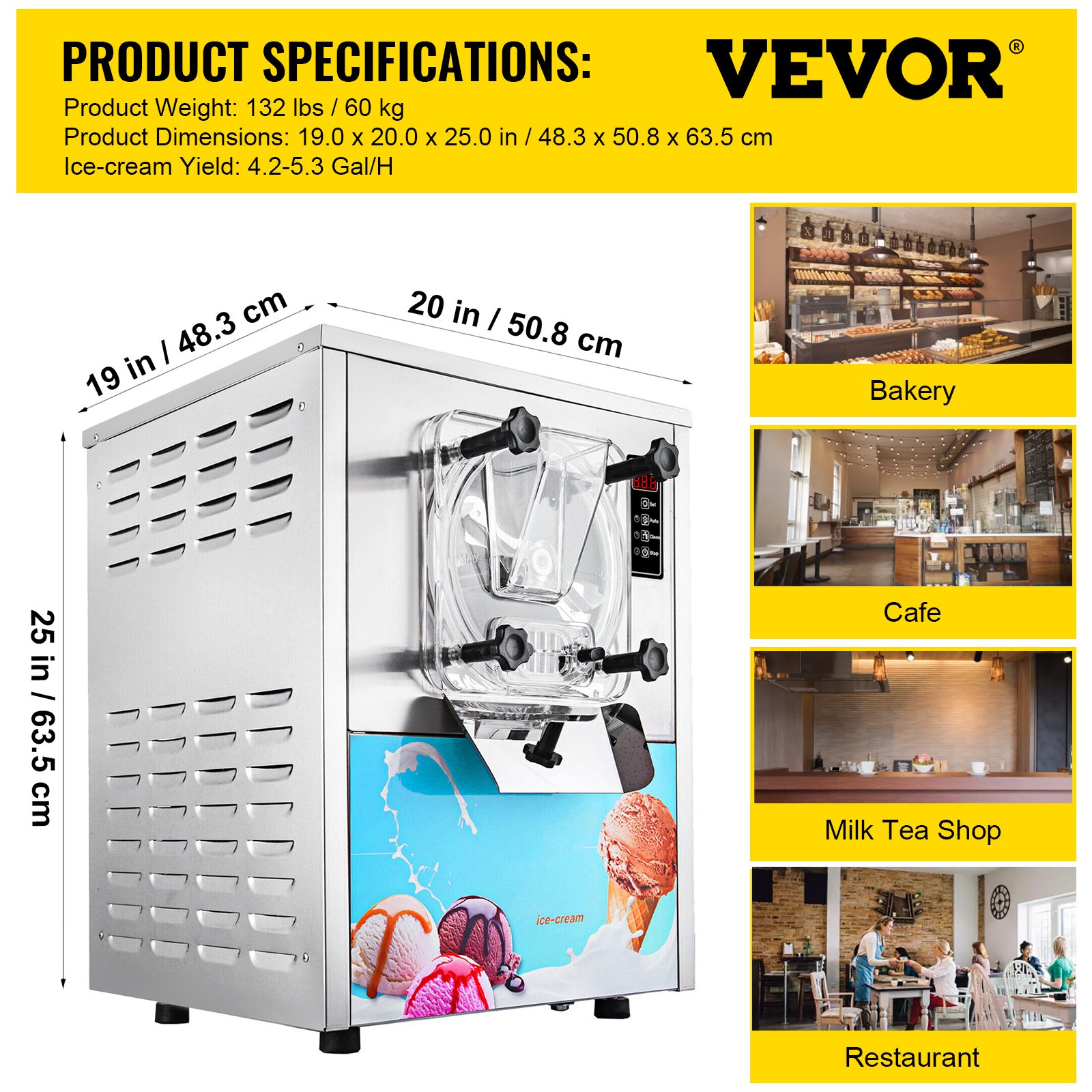 VEVOR Commercial Ice Cream Machine 1400W 20/5.3Gallon Per Hour Hard ...