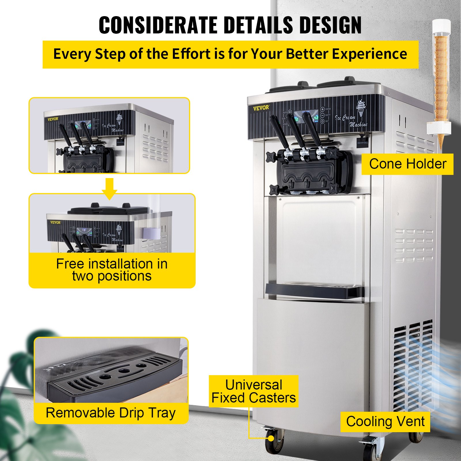 VEVOR Commercial Soft Ice Cream Machine, 2200W Serve Yogurt Maker, 3 ...