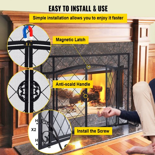 VEVOR Fireplace Screen Fire Guard Screen Heavy Duty Iron Fire Screen ...