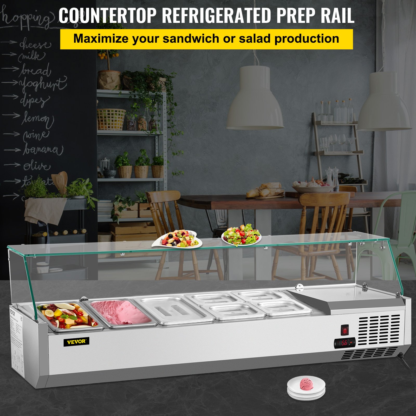 VEVOR Refrigerated Condiment Prep Station, 55-Inch, 13.8Qt Sandwich ...