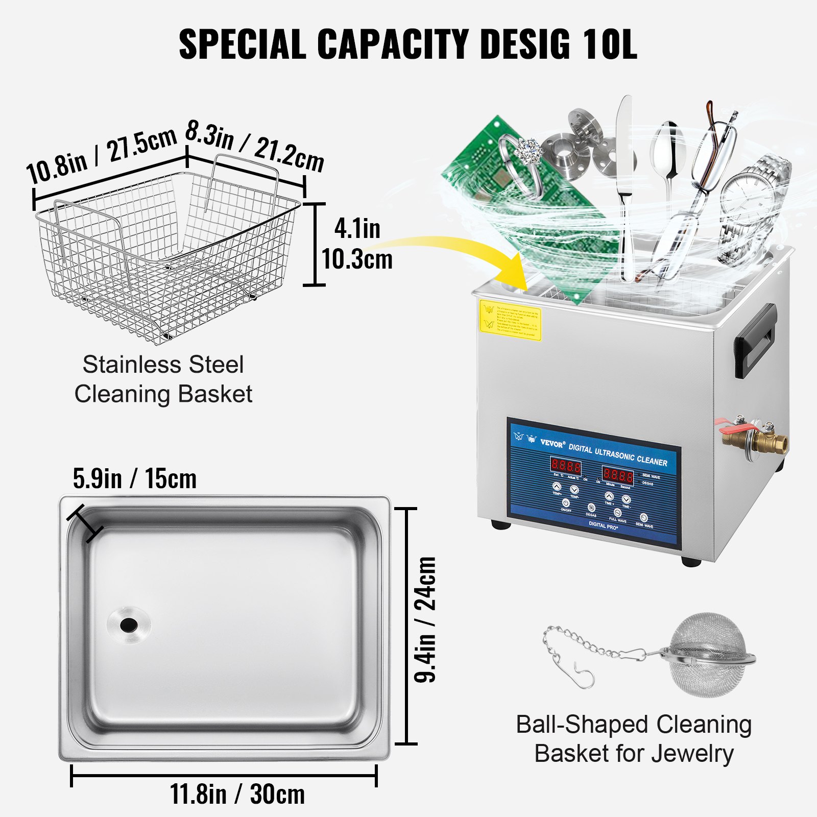 VEVOR 10L Ultrasonic Cleaner 28/40khz Dual Frequency Professional ...