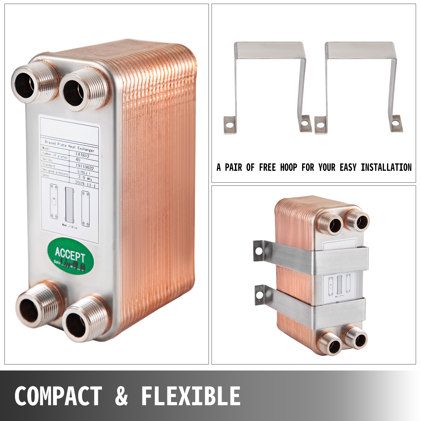 VEVOR Heat Exchanger 3"x7.5" 40 Plates Brazed Plate Heat Exchanger 316L ...