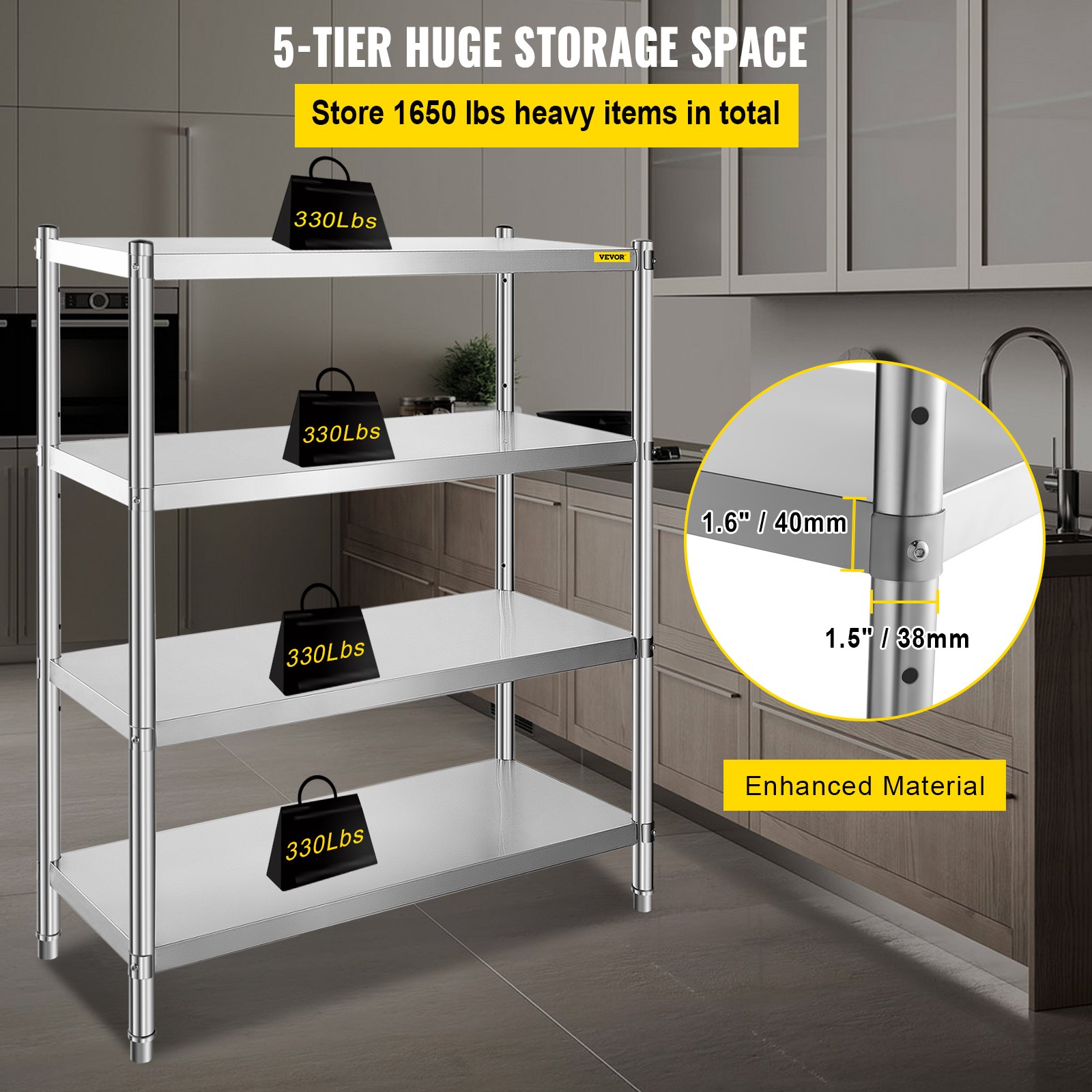 VEVOR Stainless Steel Shelving 46.8x18.5 Inch 4 Tier Adjustable Shelf ...
