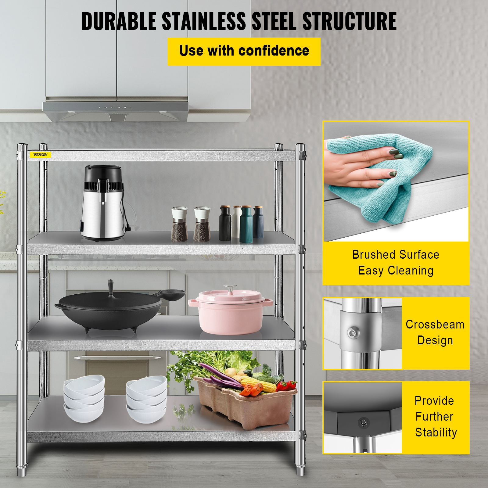 4-tier Shelving Heavy Duty Standing Shelf Rack 330lbs Load Stainless ...