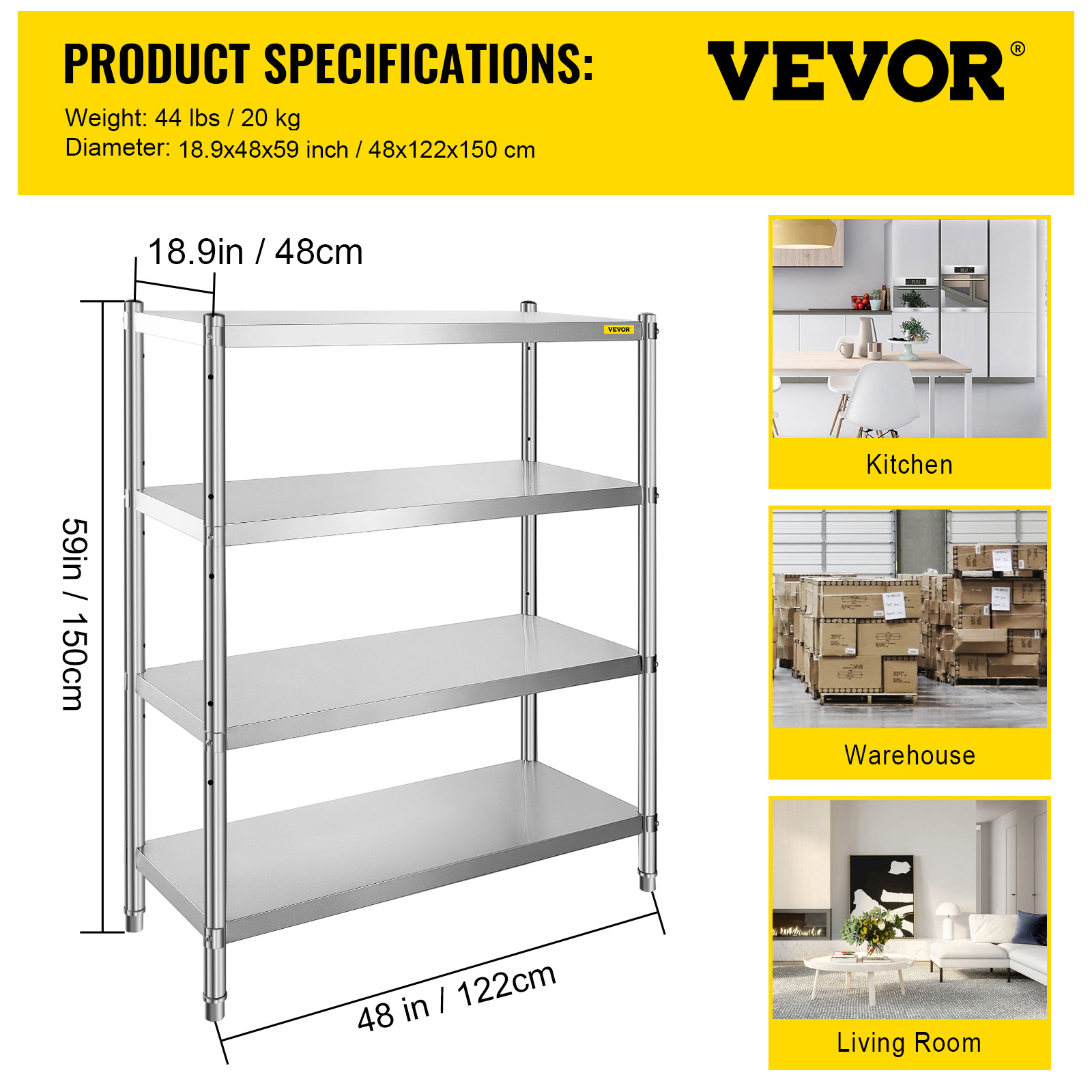 Stainless Steel Shelving Units Storage Shelf 4 Tier Kitchen Commercial ...