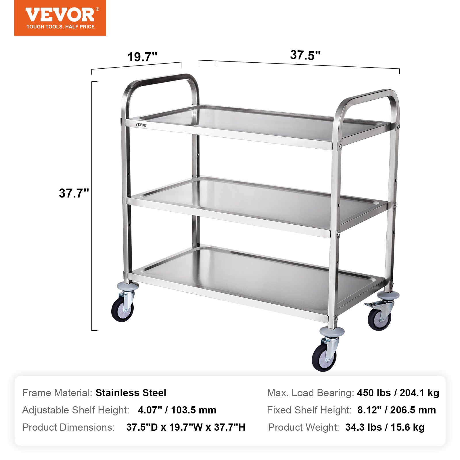 VEVOR VEVOR 3-Tier Utility Cart Rolling Cart on Wheels 37.5"x20"x37.7 ...