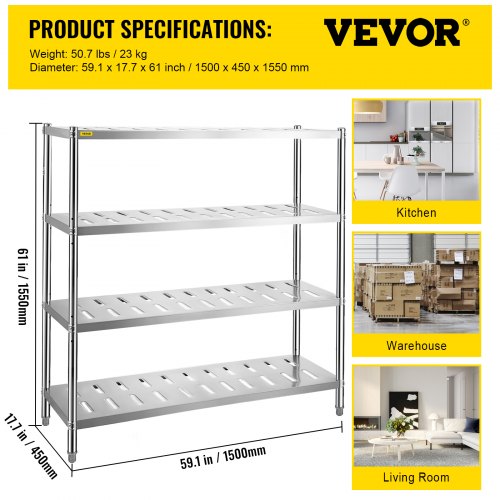 Vevor Garage Shelf 4 Level Storage Adjustable Shelves Unit 59.1x17 ...