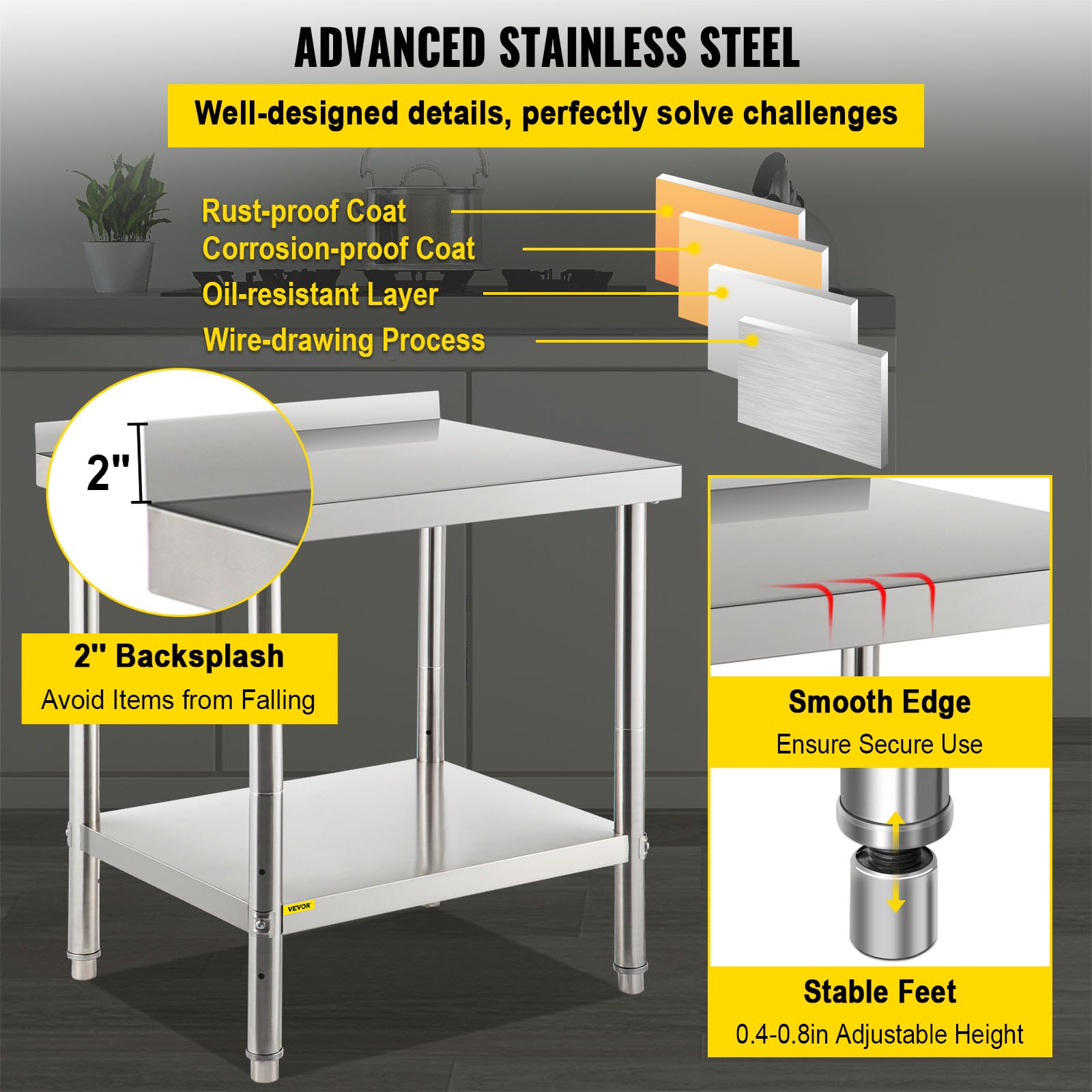 VEVOR Stainless Steel Work Prep Table Commercial Food Prep Table ...