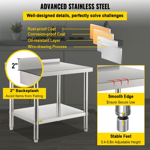 VEVOR 36x24in Stainless Steel Kitchen Restaurant Work Prep Table with ...