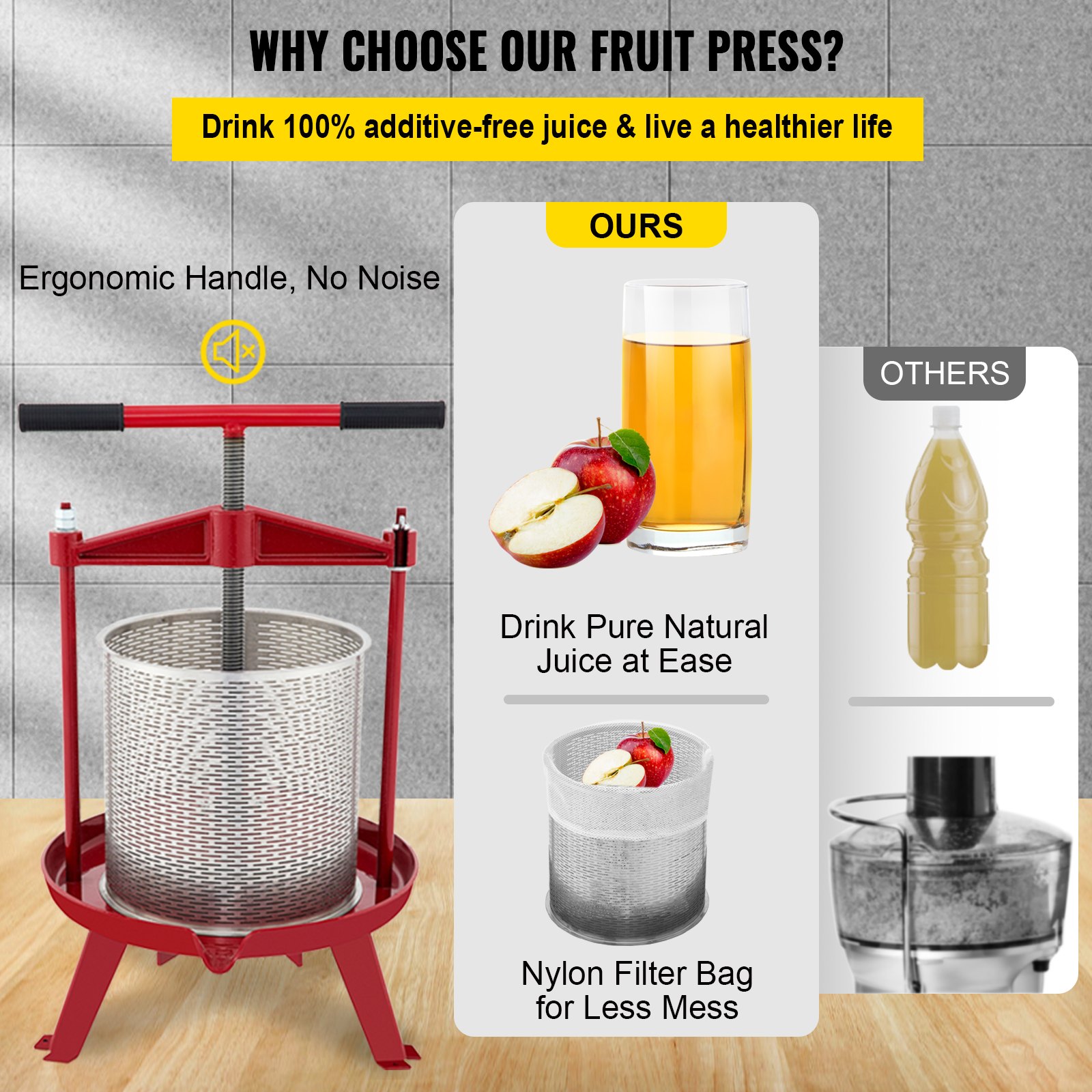 VEVOR Fruit Wine Press, 3.7Gal/14L, Cast Iron Manual Grape Presser for ...
