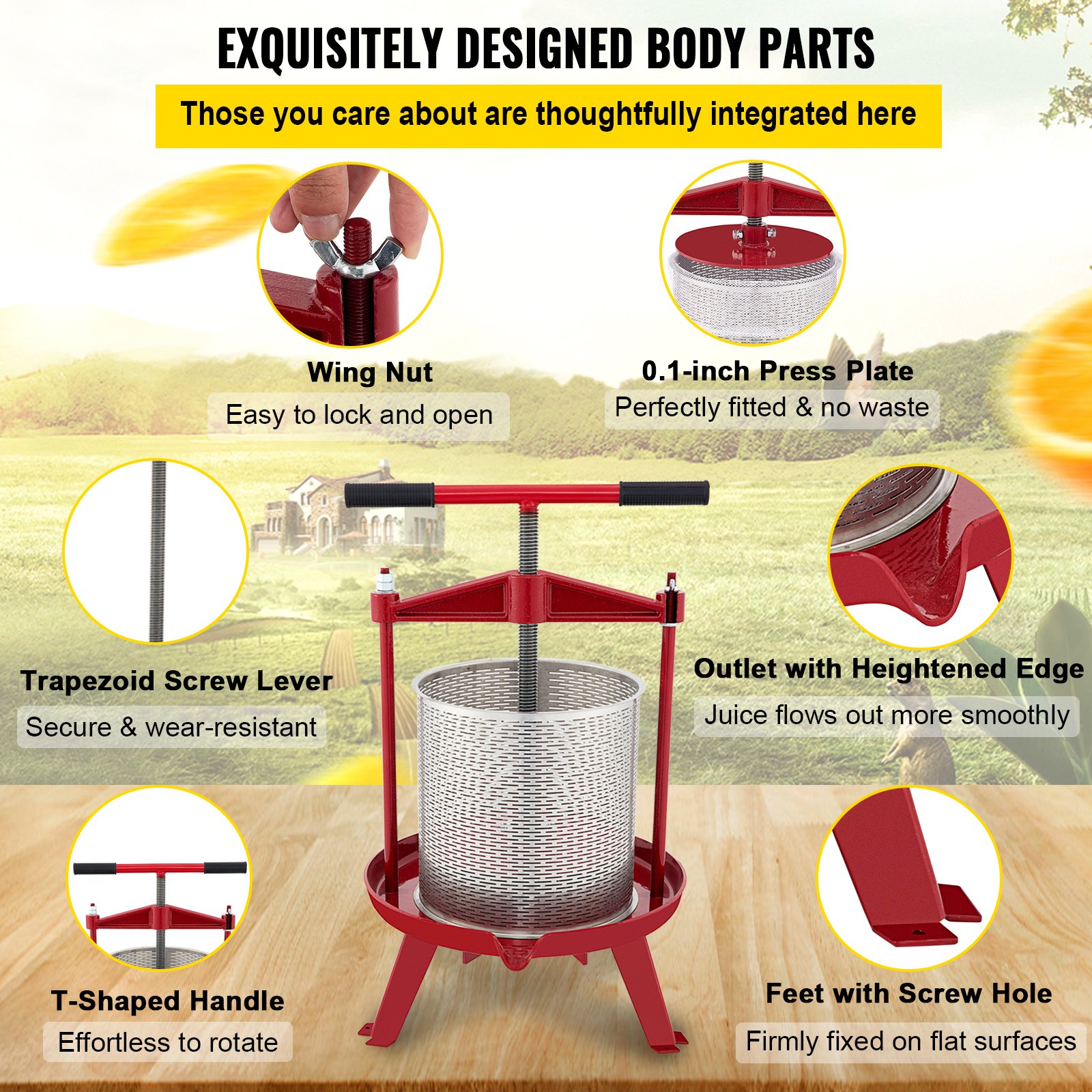 VEVOR Fruit Wine Press, 3.7Gal/14L, Cast Iron Manual Grape Presser for ...