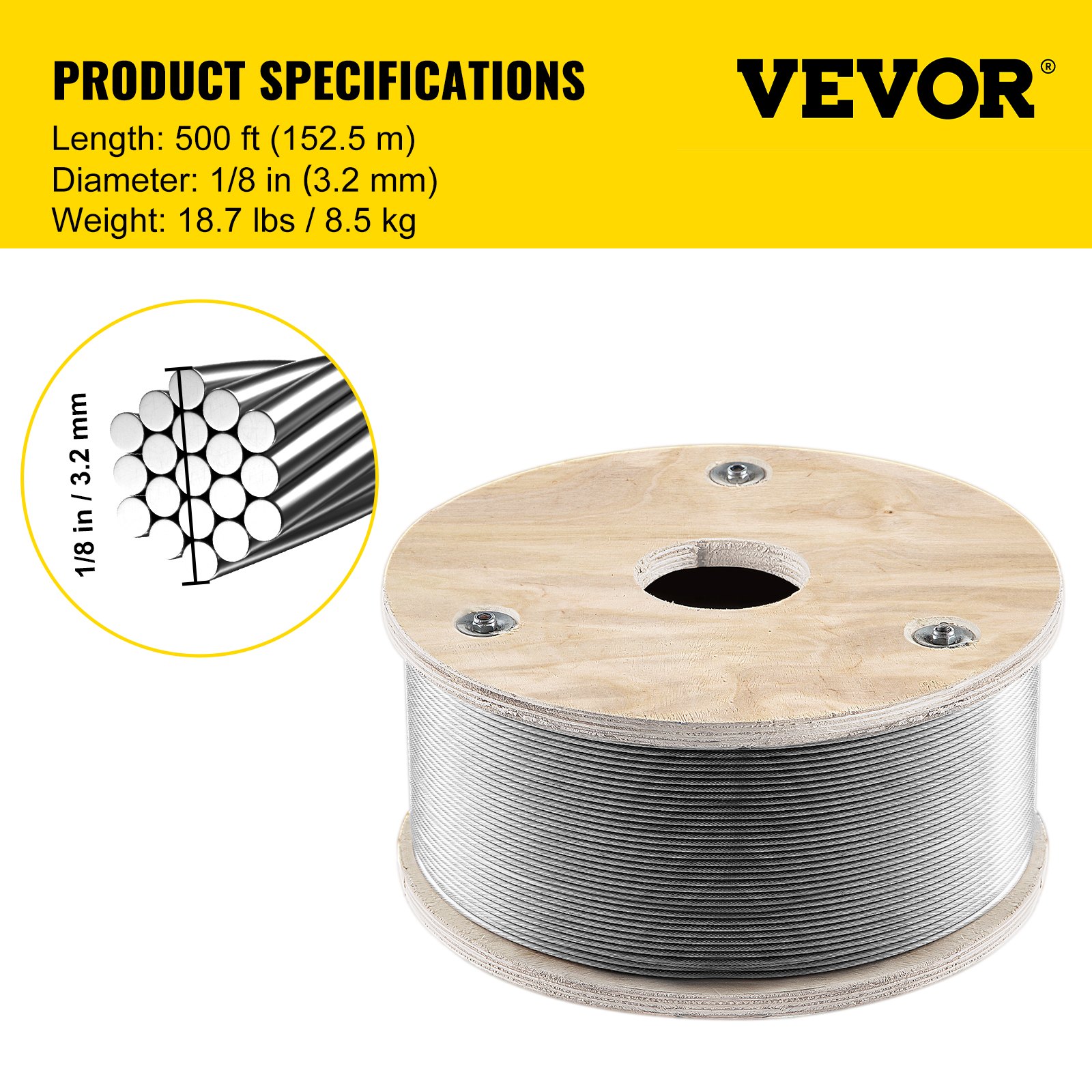 VEVOR T316 Stainless Steel Wire Rope, 1/8'' Steel Wire Cable, 500ft ...