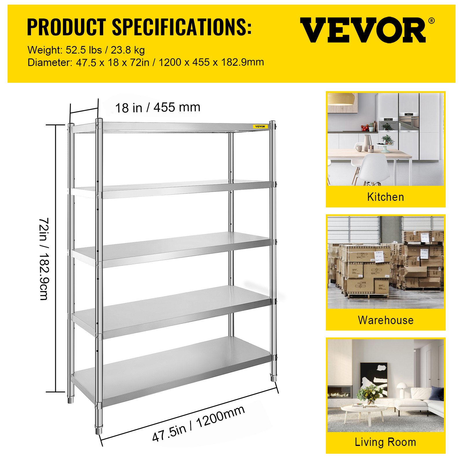 VEVOR Stainless Steel Shelves 48x18.5 Inch 5 Tier Adjustable Shelf ...