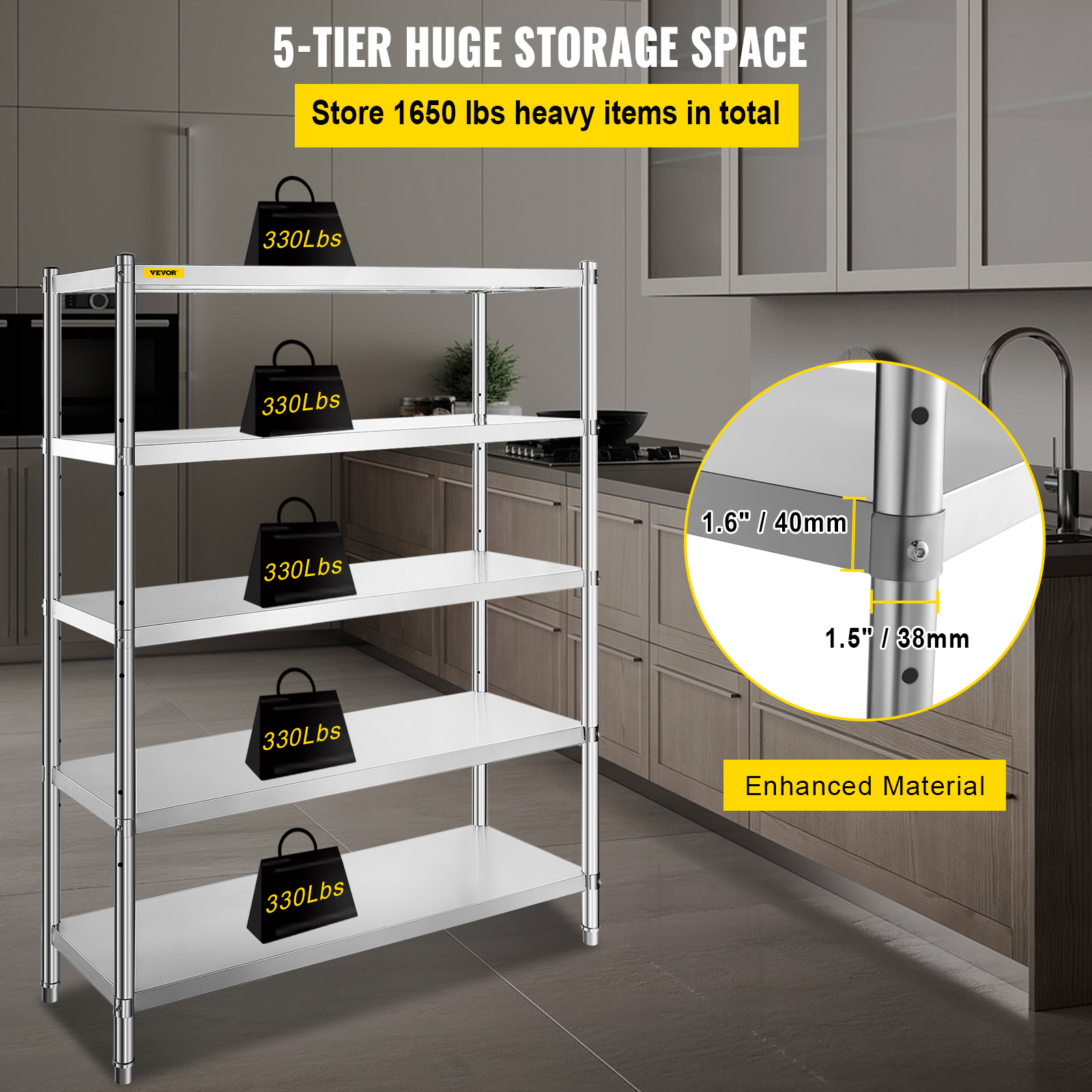 5-Tier Kitchen Shelves Shelf Rack Stainless Steel Shelving Organizer ...