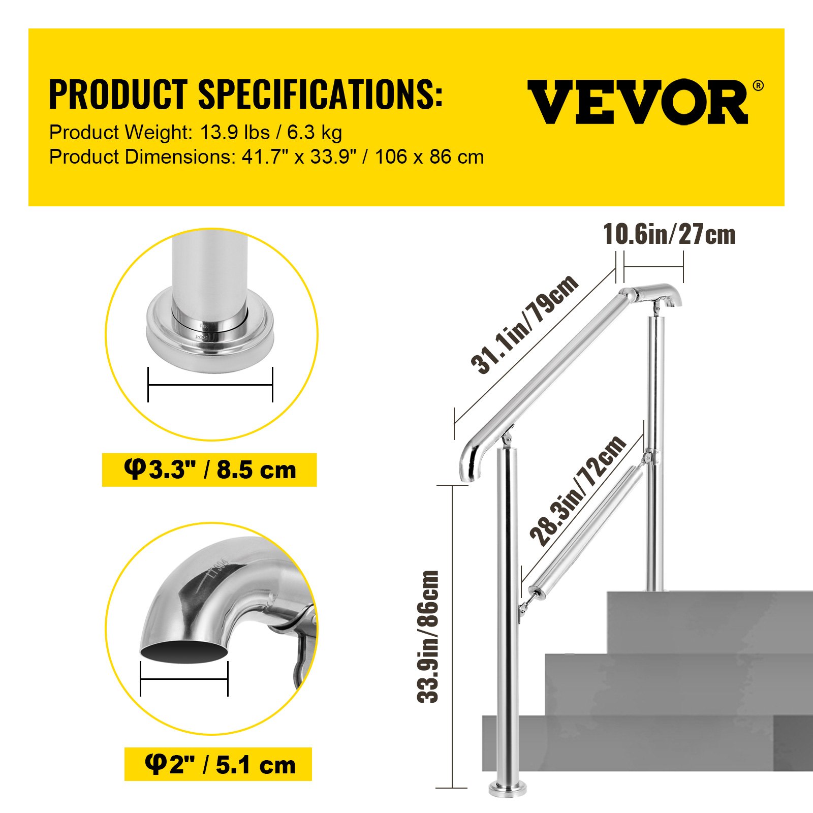 VEVOR Stainless Steel Transitional Handrail fit for Level Surface and 2 ...